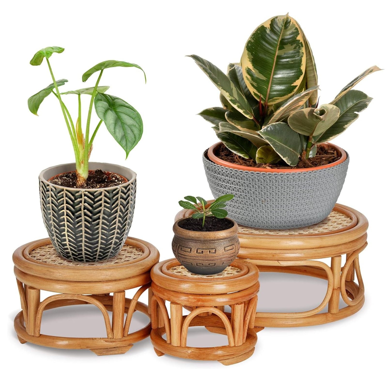 Rattan Plant Stand 3 Piece Set - 6, 8, and 12 Inch Multilevel Boho Home ...