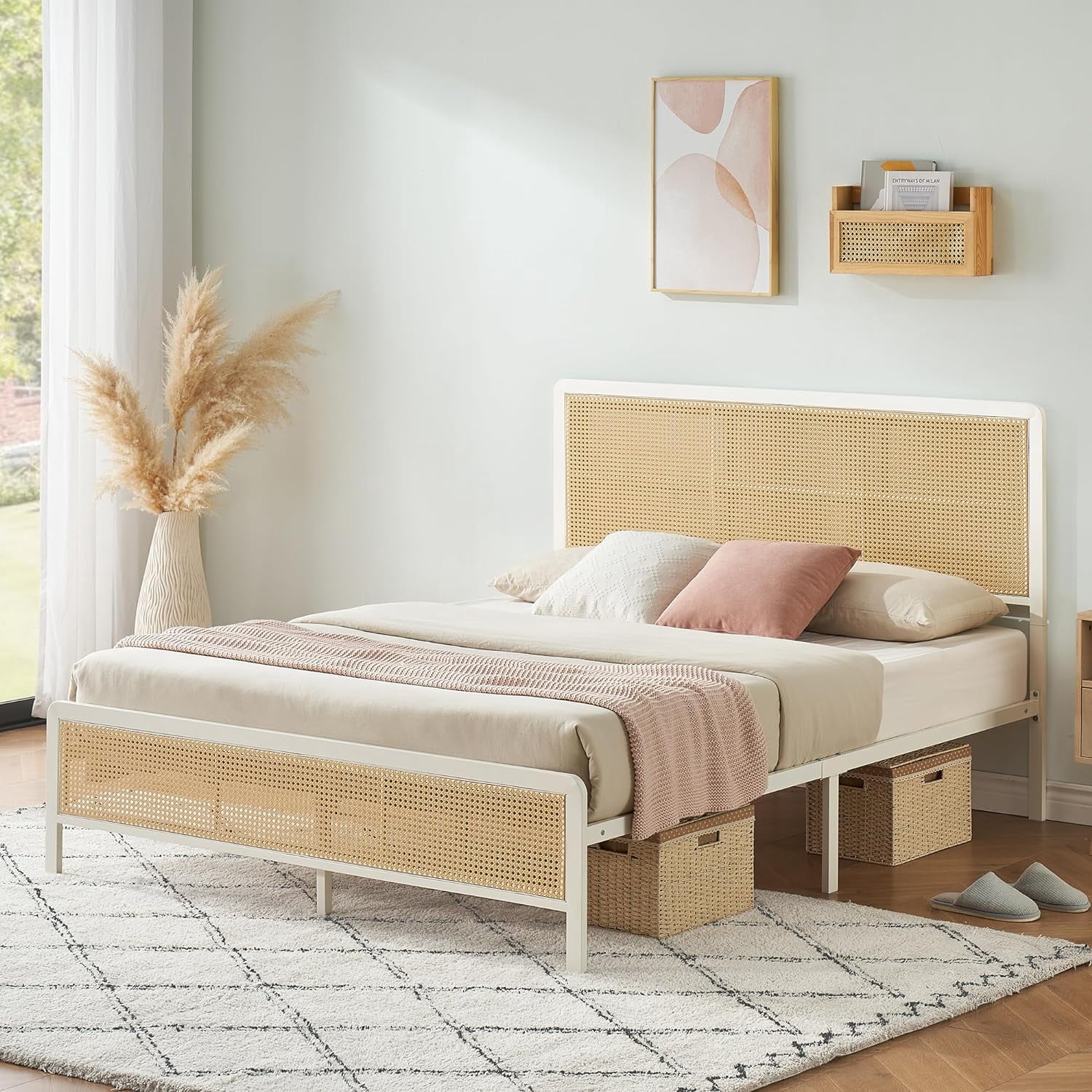 Rattan Platform Bed Frame Full Size with Headboard Led Light, Modern ...