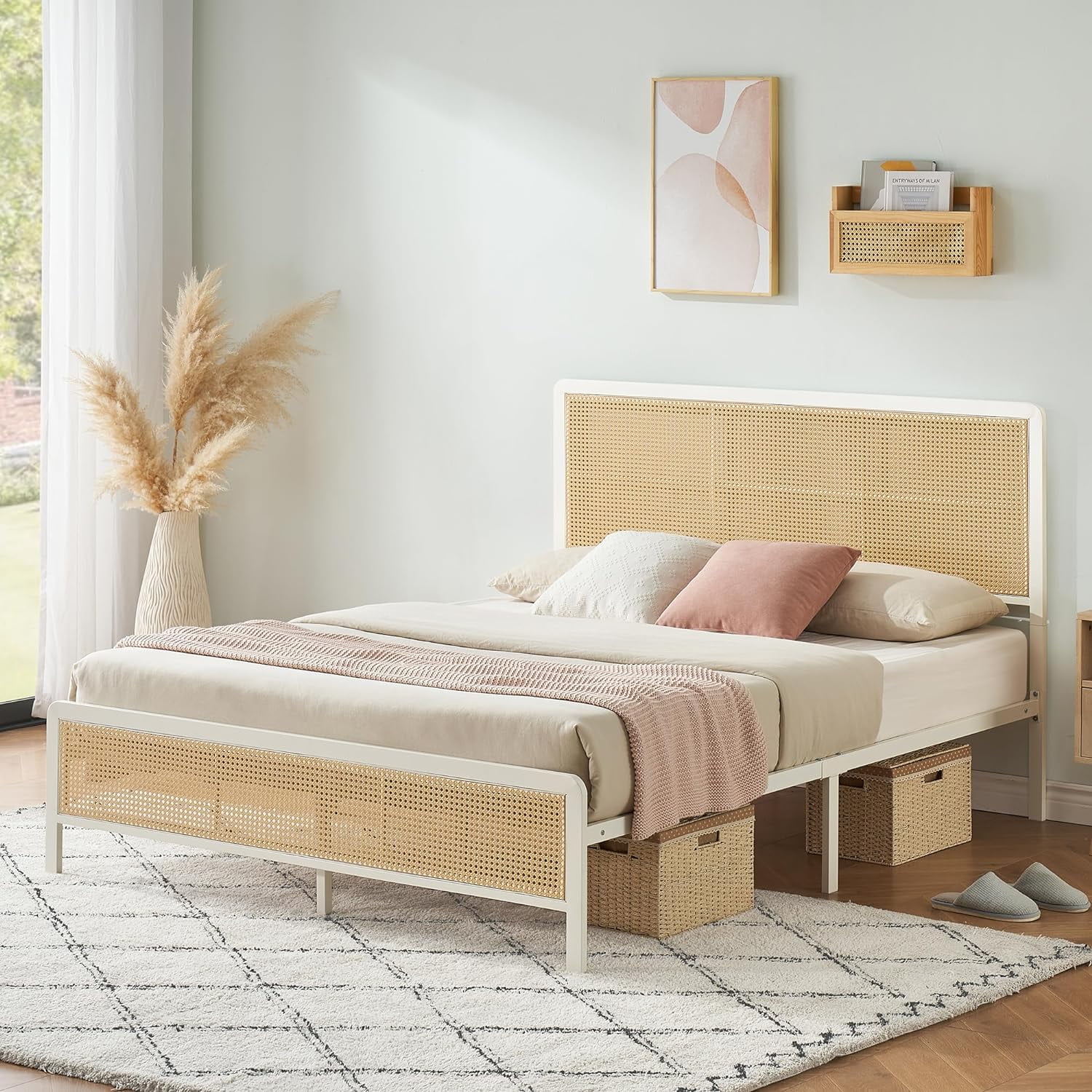 Rattan Platform Bed Frame Full Size with Headboard Led Light, Modern ...
