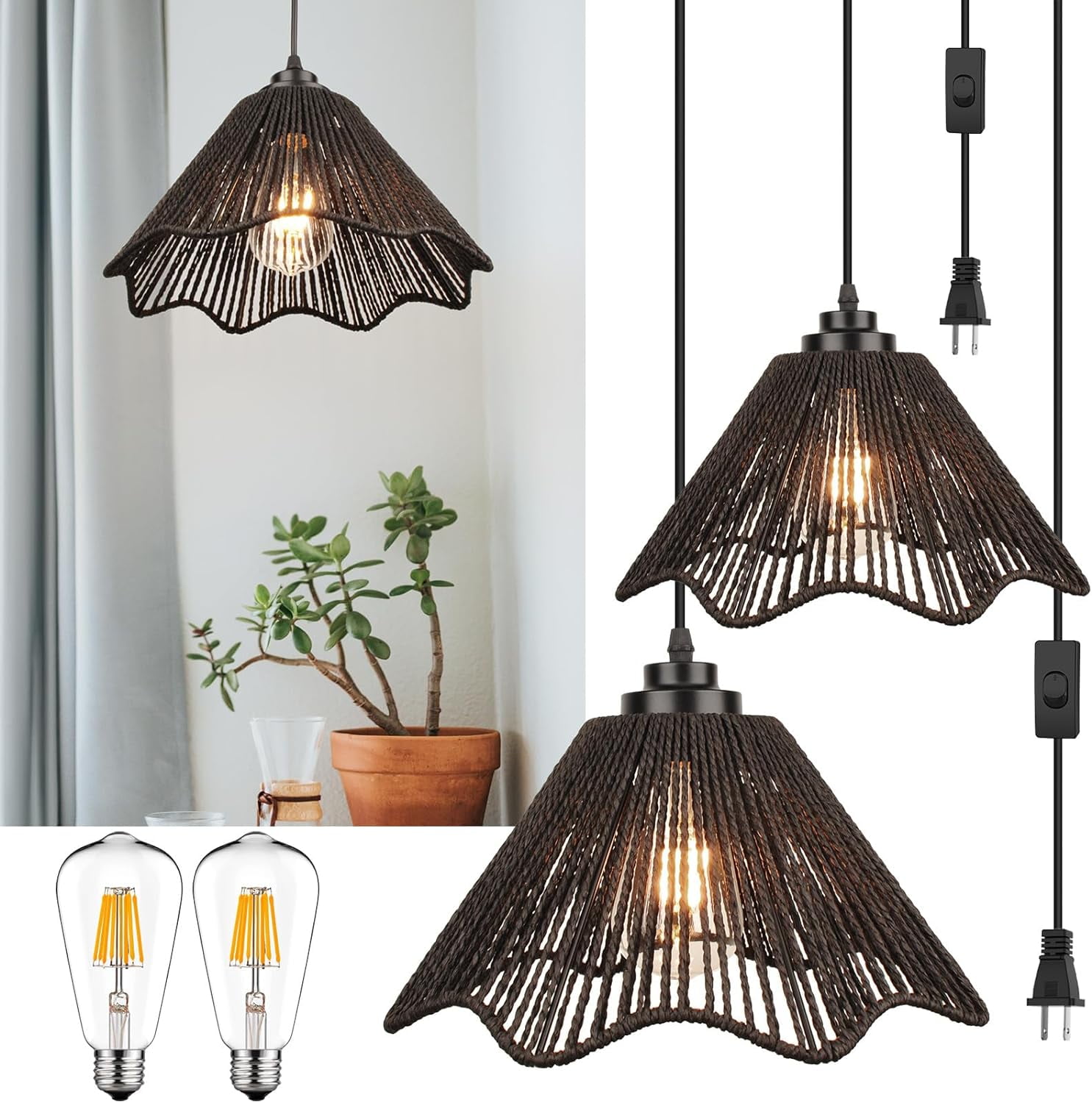 Rattan Plug in Pendant Light Set of 2 (Bulbs Included), 12"x6" Boho ...