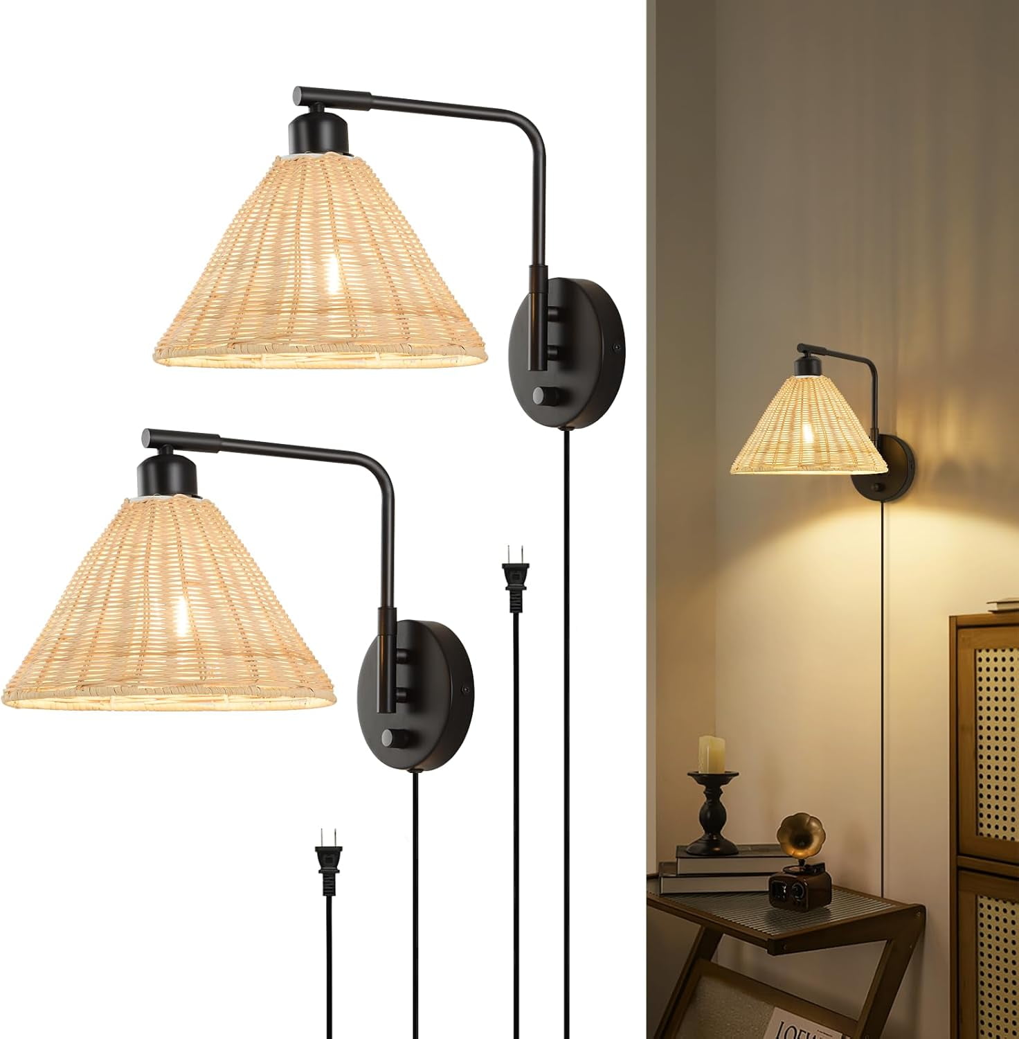 Rattan Plug in Wall Sconce Set of 2, Black Wall Lamps with Plug in Cord ...