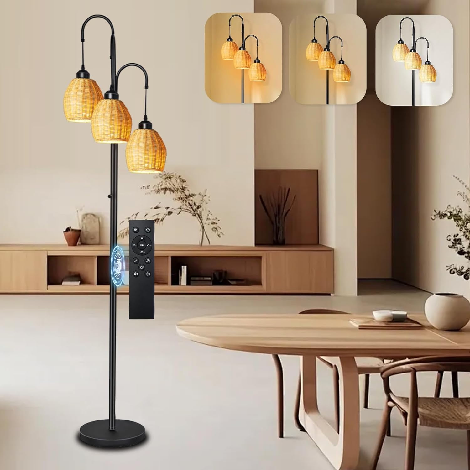 Lambaolom Rattan Boho Floor Lamp Remote & App-Controlled RGB LED Bulb ...