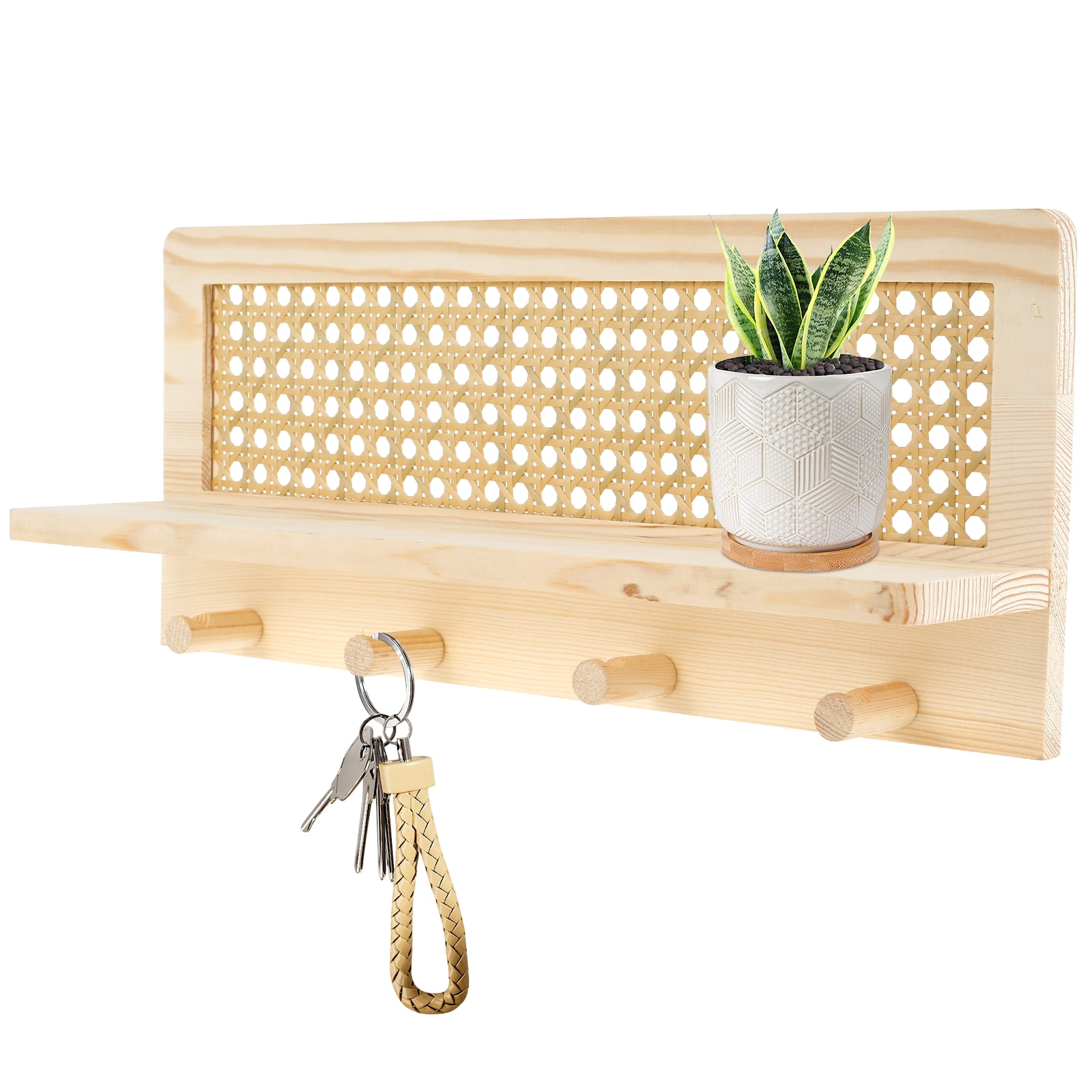 Rattan Rack Shelf with 4 Hooks Decorative Rattan Wall Rack Space Saving ...