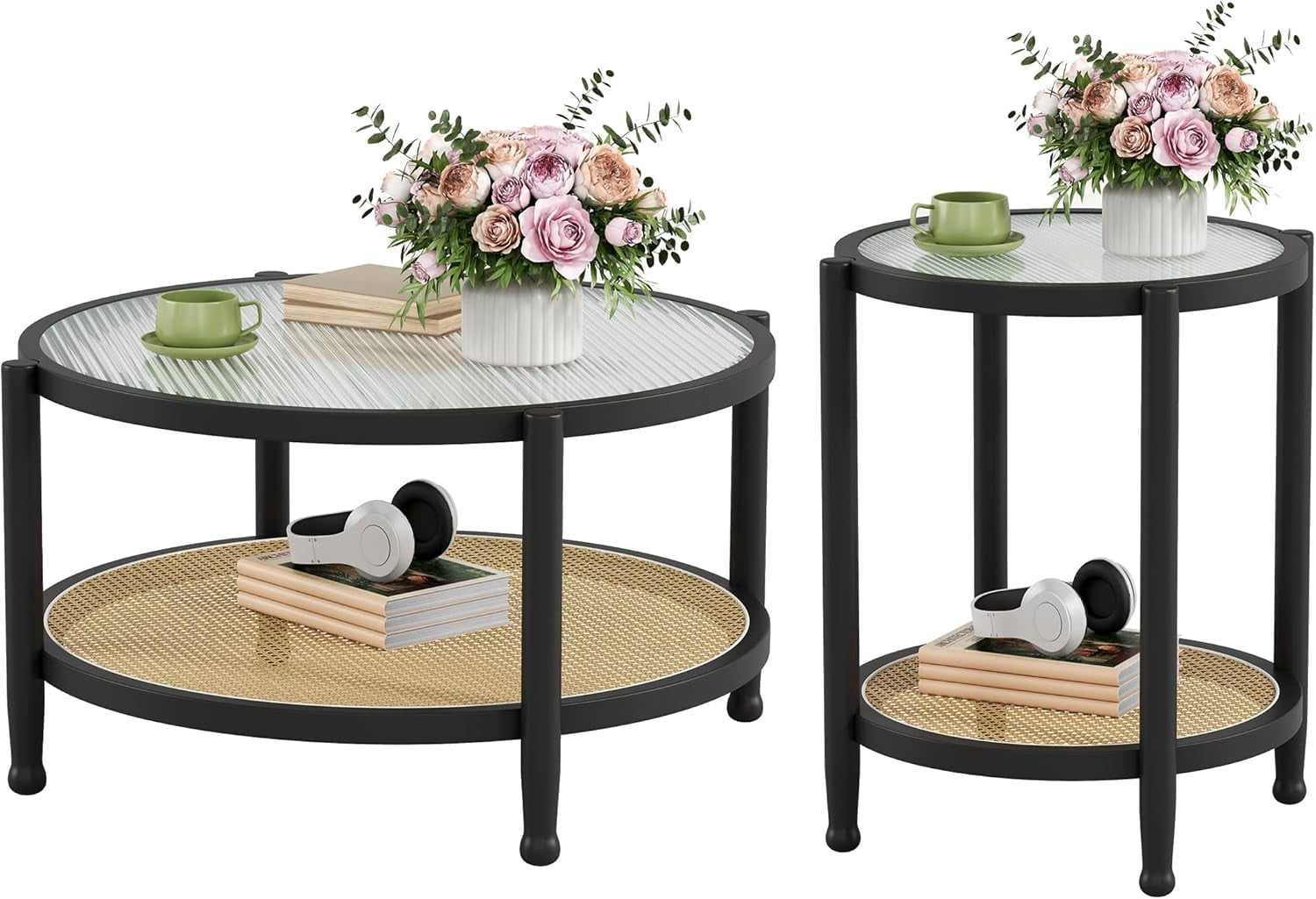 Rattan Round Coffee Table Set of 2, Farmhouse Boho Side Tables End ...