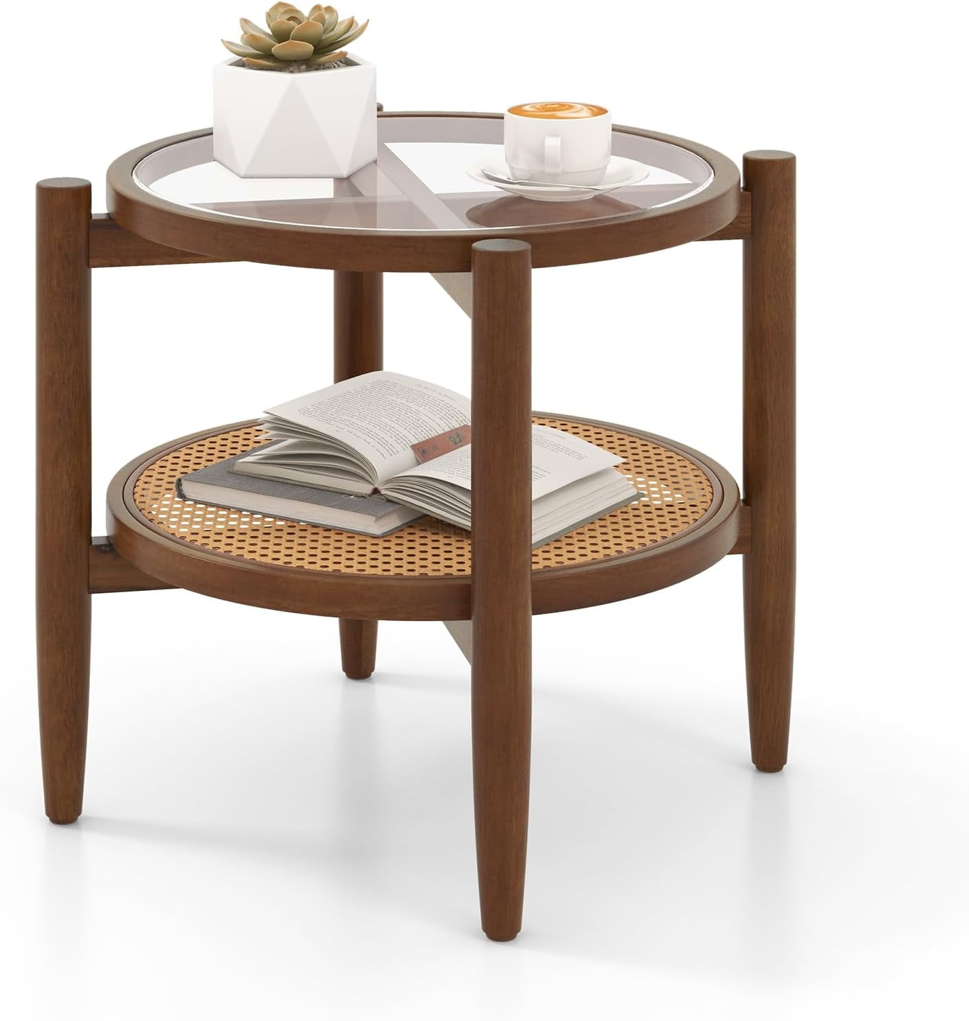 Rattan Round End Table, Walnut Boho Nightstand with Tempered Glass Top ...