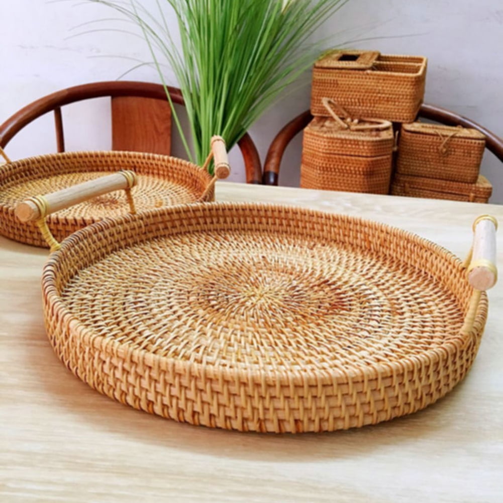 Rattan Round Fruit Basket for Table,Hand-Woven Wicker Bread Tray with ...