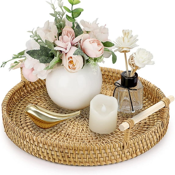 Hand-Woven Rattan Round Serving Tray with Handles, Small Outdoor ...