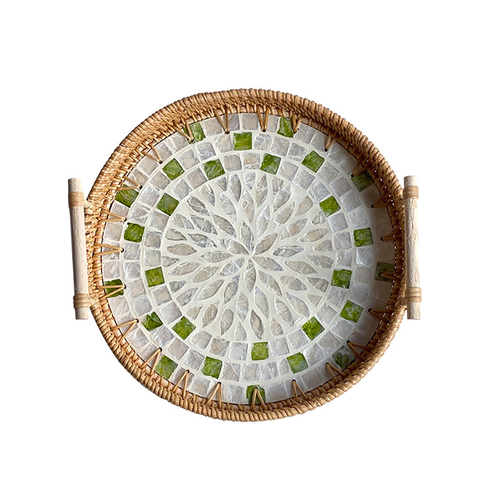 Rattan Round Shell Container Tray Woven Tray for Bread Double Handle ...