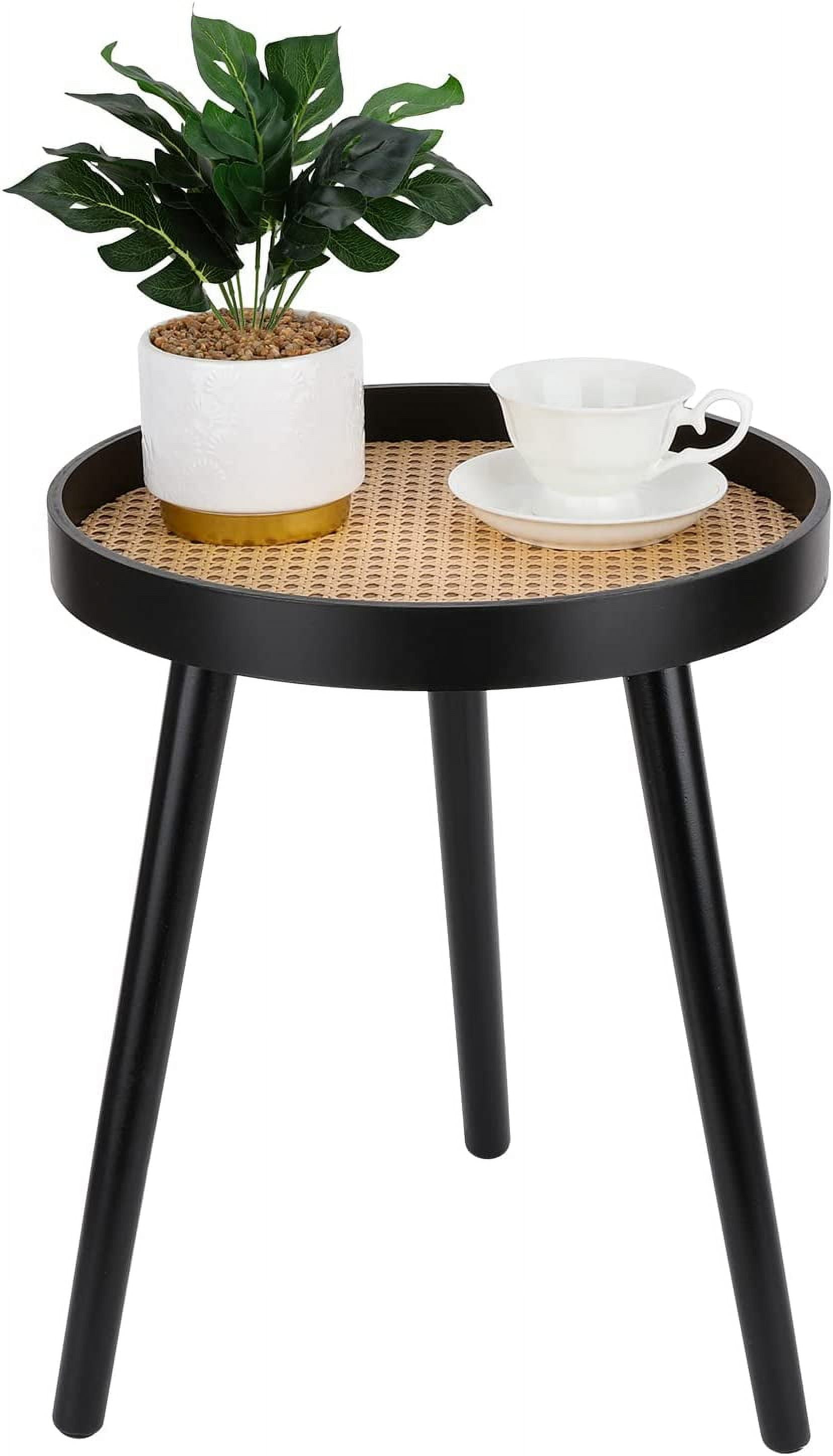 Rattan Round Side Table, Black Small Accent Table, Modern Boho Bedside ...