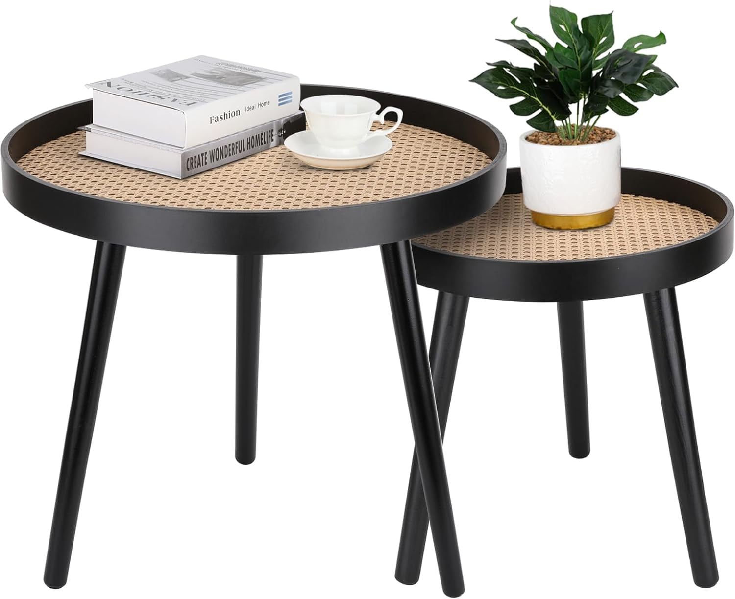Rattan Round Side Table, Black Small End Table, Accent Table, Modern ...