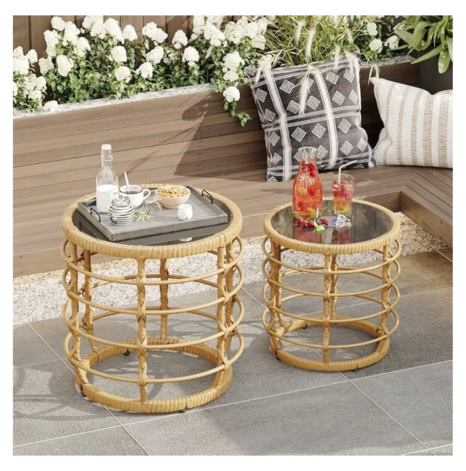 Rattan Round Side Table Set of 2, Small Circle Desk with Solar Lights ...