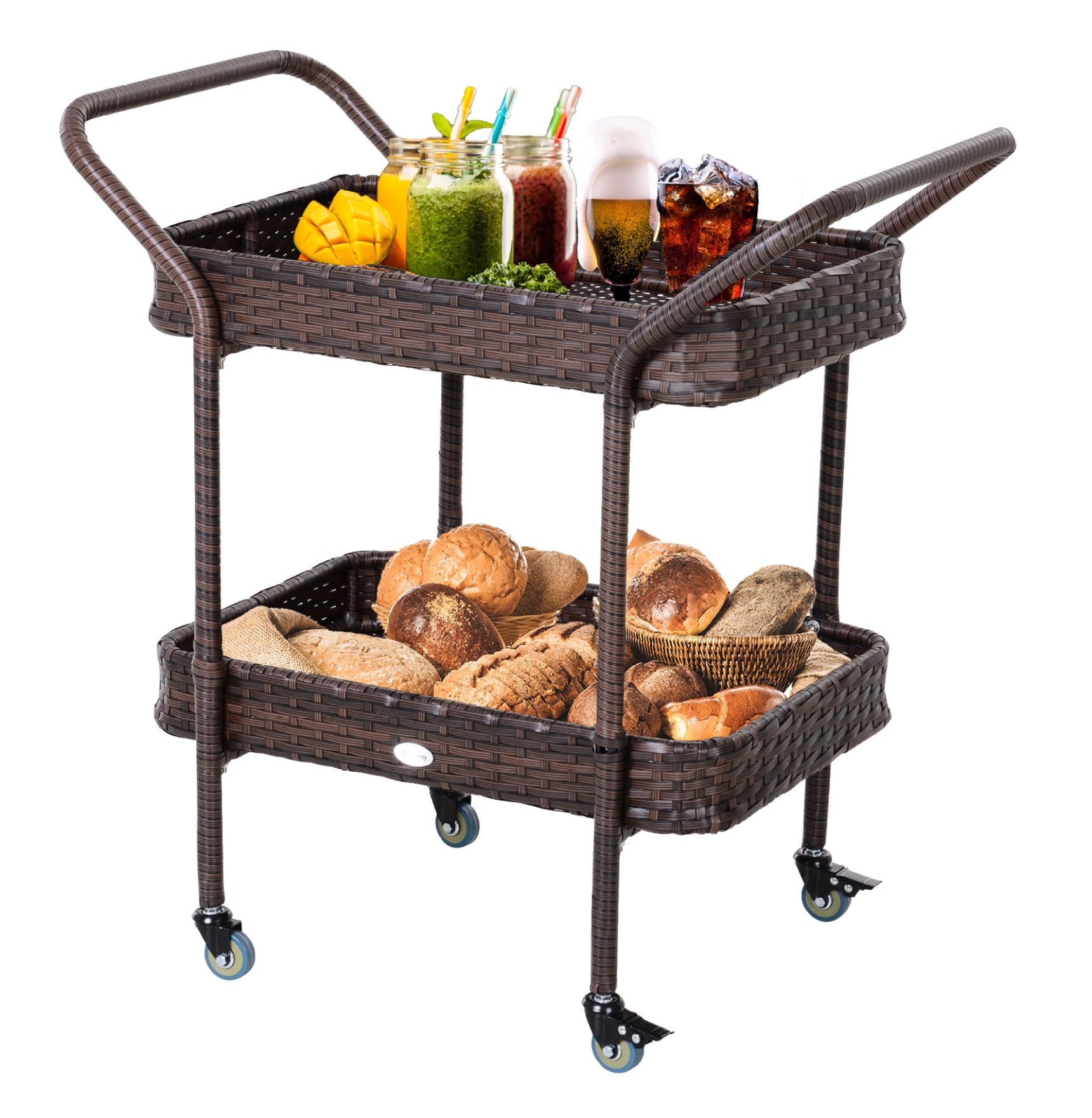 Rattan Serving Cart - 2-Tier Outdoor Bar Cart with Wheels & Brakes ...