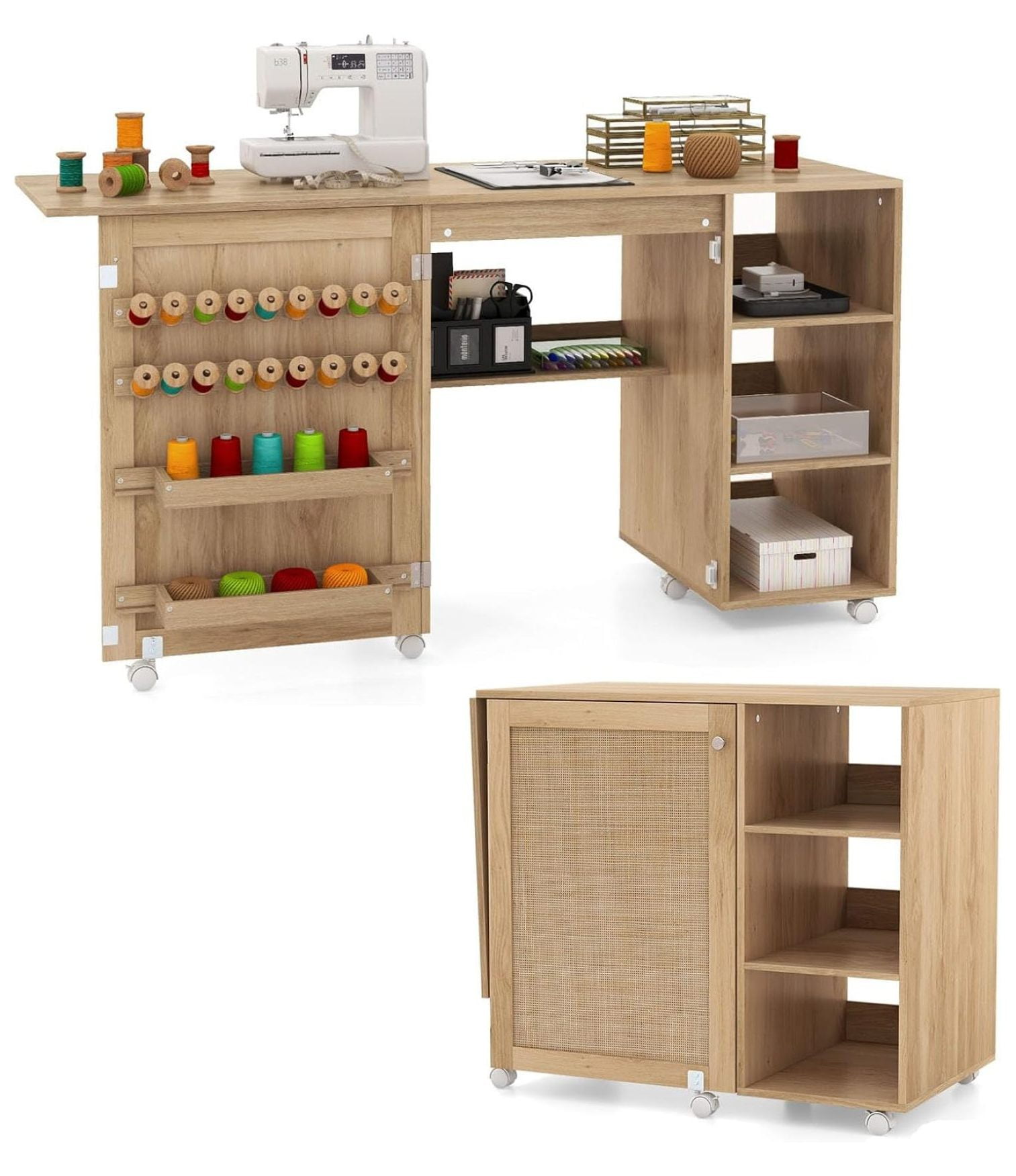 Rattan Sewing Machine Table, Folding Cabinet With Lockable Casters, 18 ...