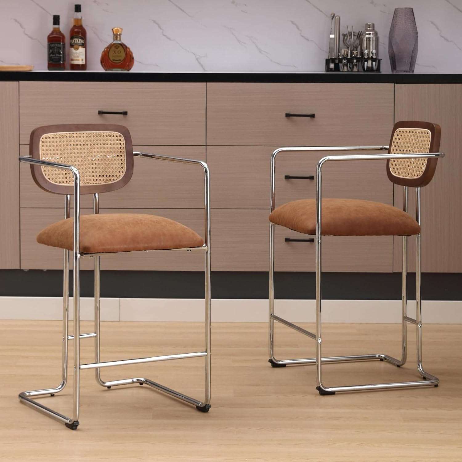 Rattan Sherpa Counter Stools Upholstered 25.5" Seat Height Low Bar ...