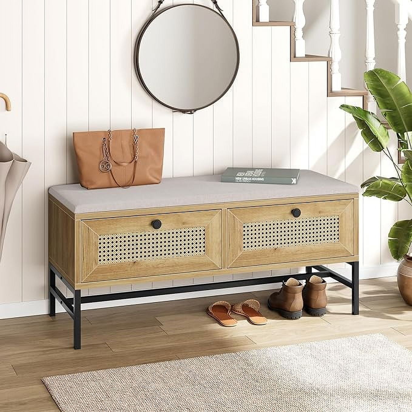 Rattan Shoe Bench Entryway Bench with Storage Drawer, Wooden Storage ...