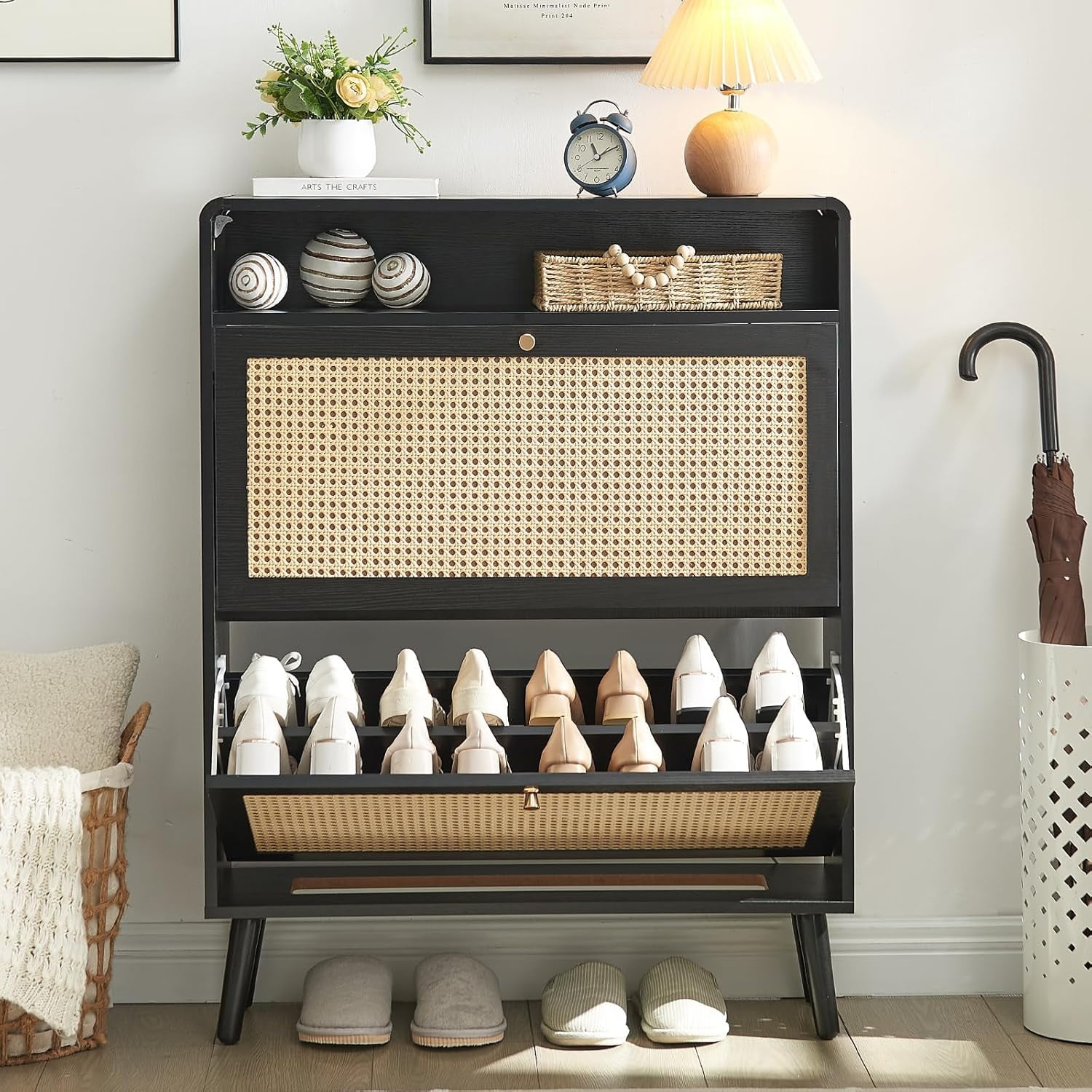 Rattan Shoe Cabinet with 2 Flip Drawers, 16 Pairs Shoe Storage Cabinet ...