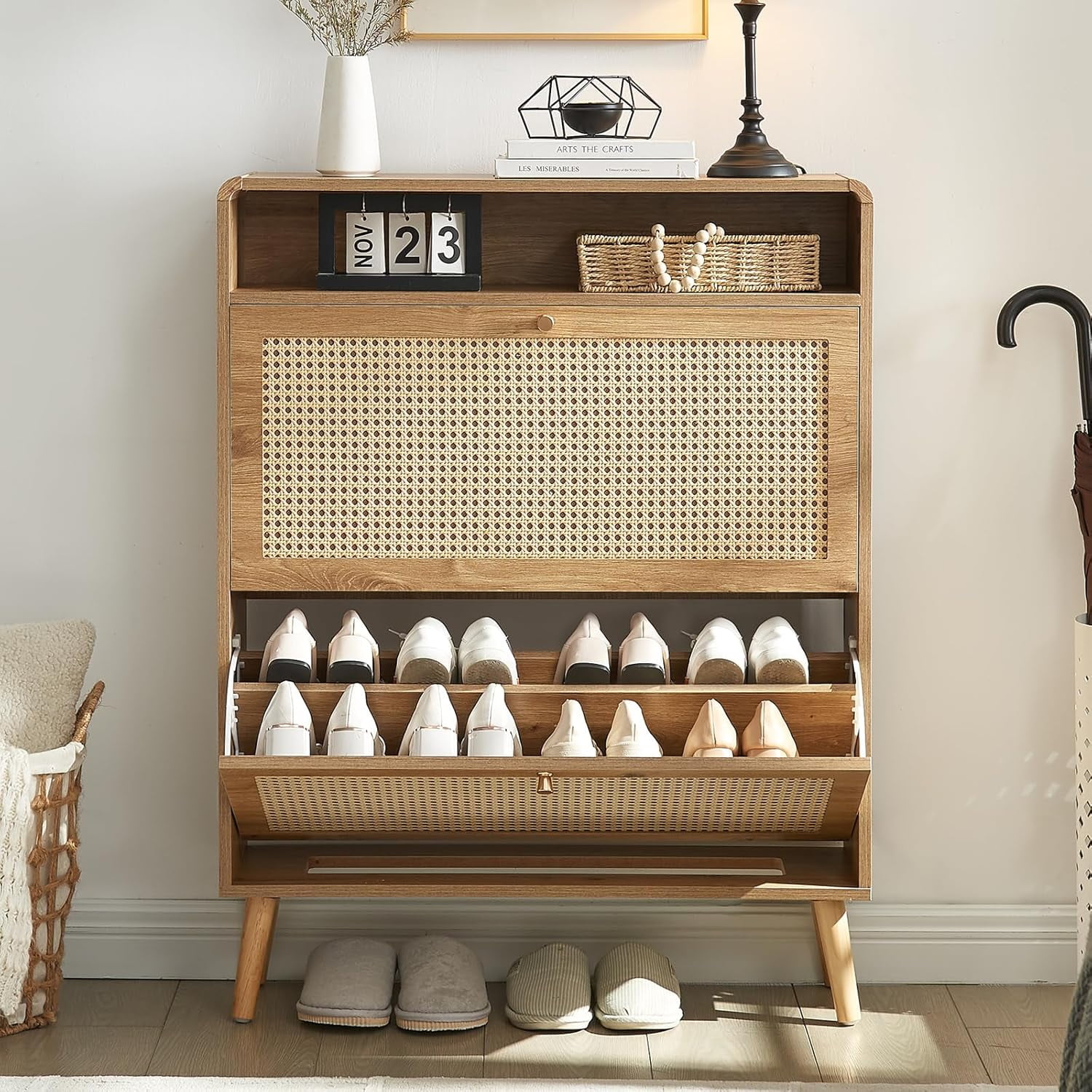 Rattan Shoe Cabinet with 2 Flip Drawers, 16 Pairs Shoe Storage Cabinet ...