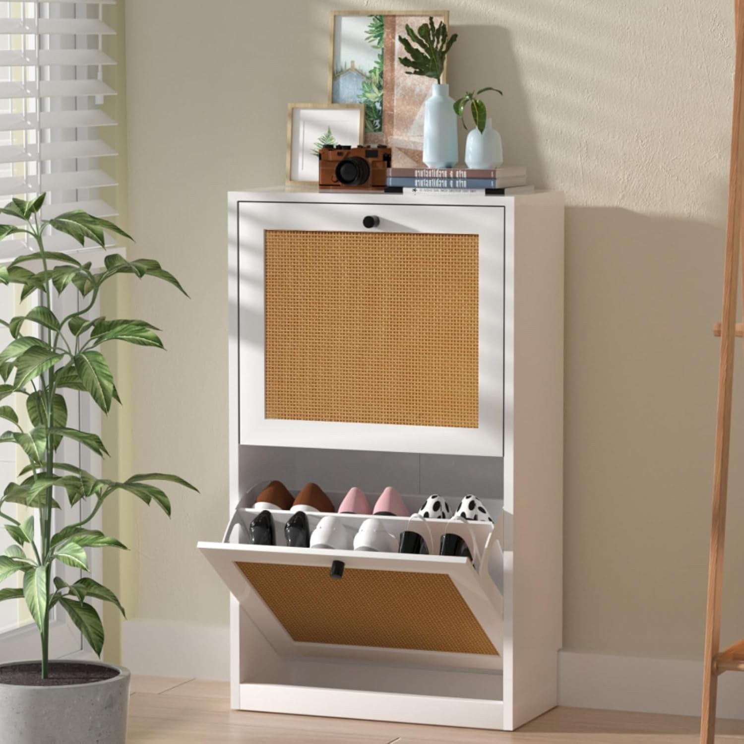 Rattan Shoe Cabinet with 2 Flip Drawers for Entryway Slim, Free ...