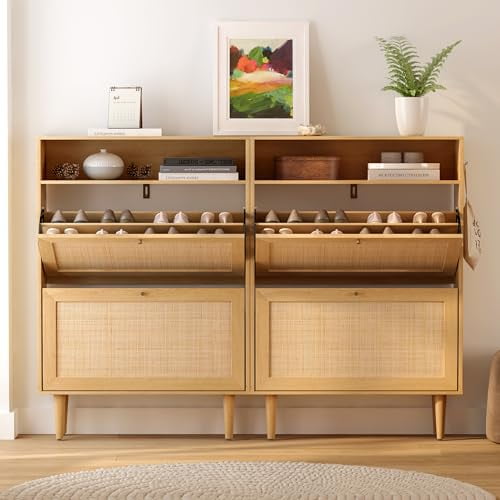 Rattan Shoe Cabinet with 2 Flip Drawers, Modern Slim Shoe Storage ...