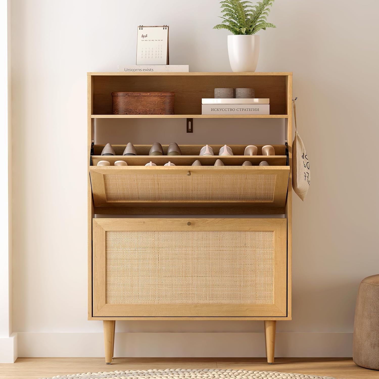 Rattan Shoe Cabinet with 2 Flip Drawers, Modern Slim Shoe Storage ...