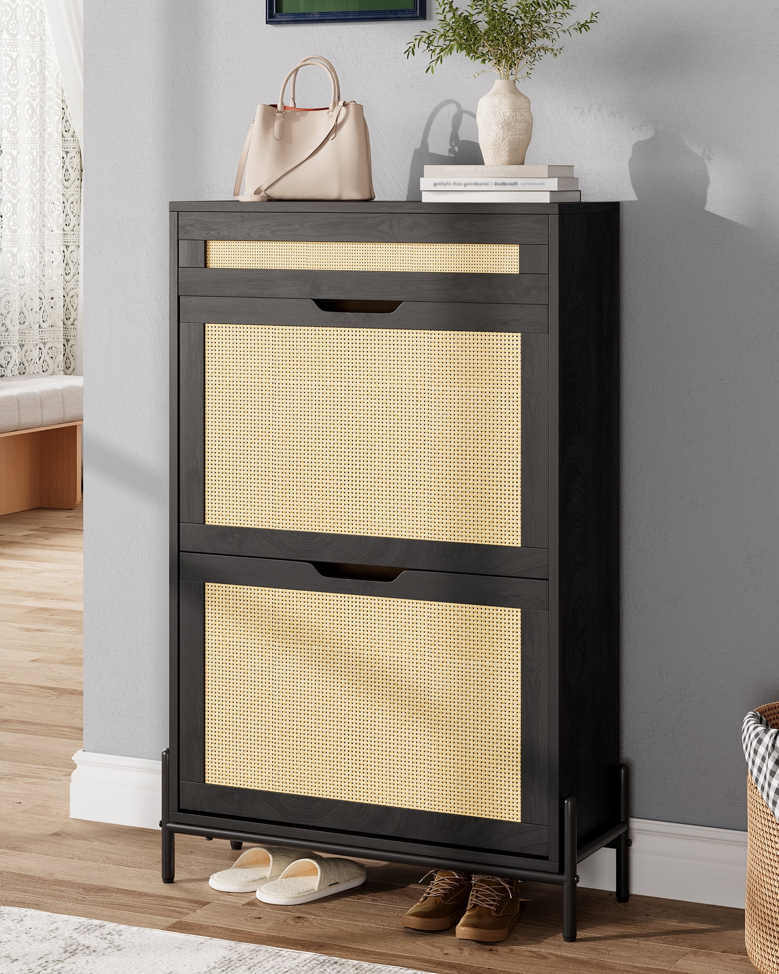 Rattan Shoe Cabinet - 2-Turn Drawers & Panels for Entryway Storage ...