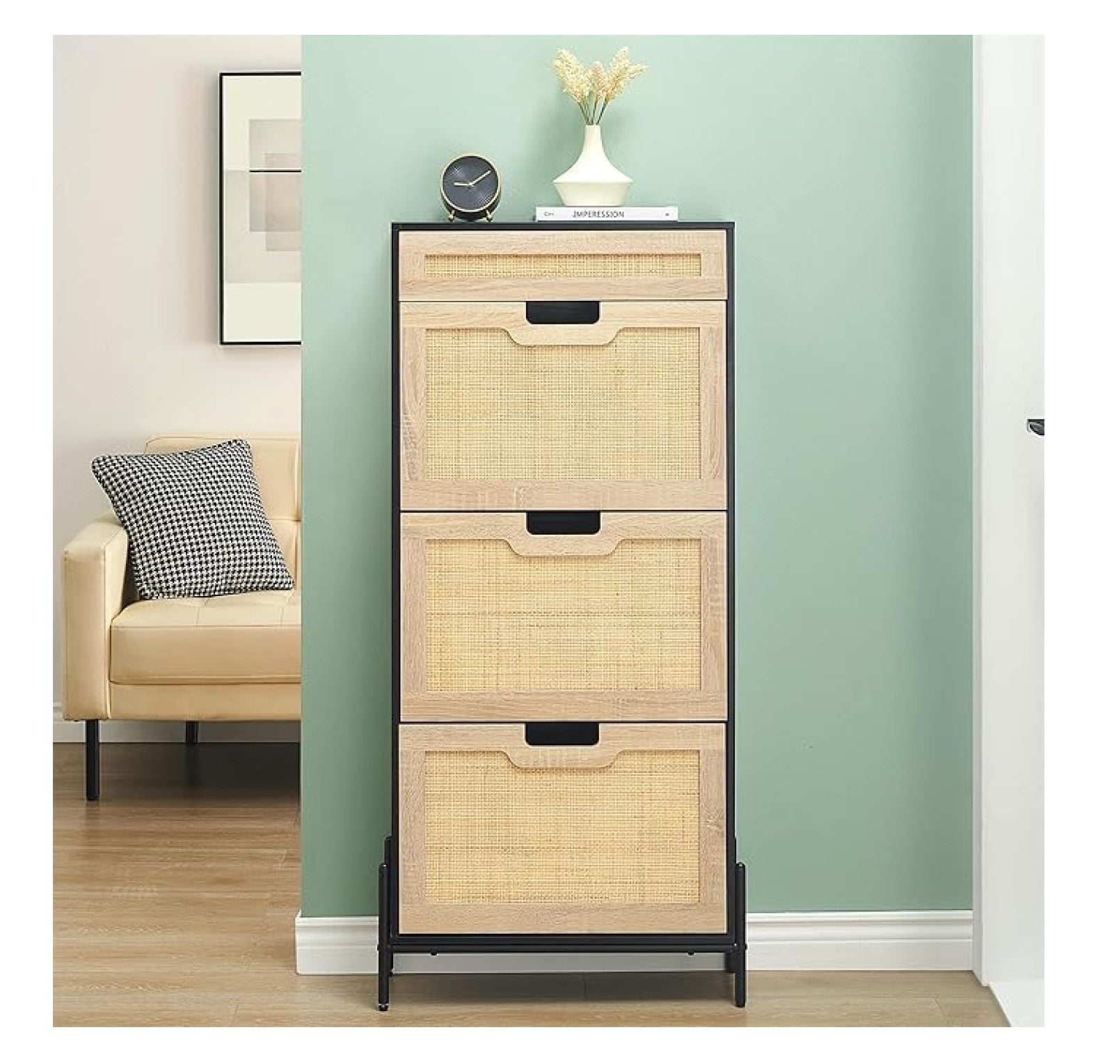 Rattan Shoe Cabinet - 3 Door Shoe Rack with Drawer - Entryway Organizer ...