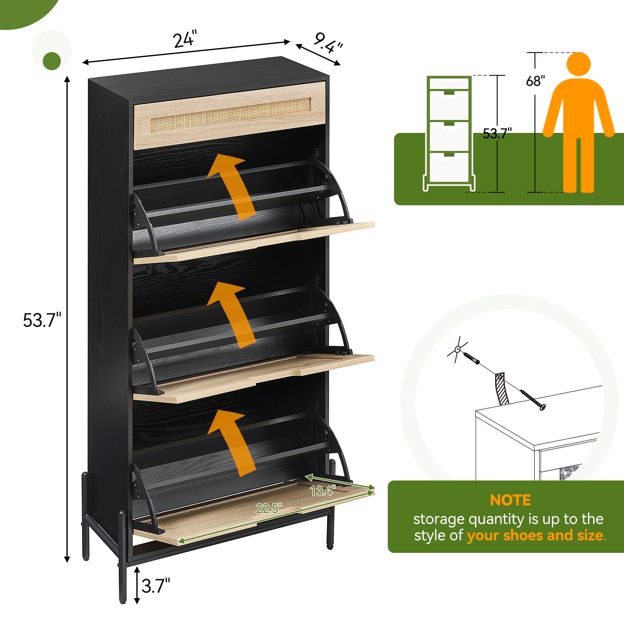 Rattan Shoe Cabinet with 3 Flip Door 1 Drawer Wooden Free Standing Shoe ...