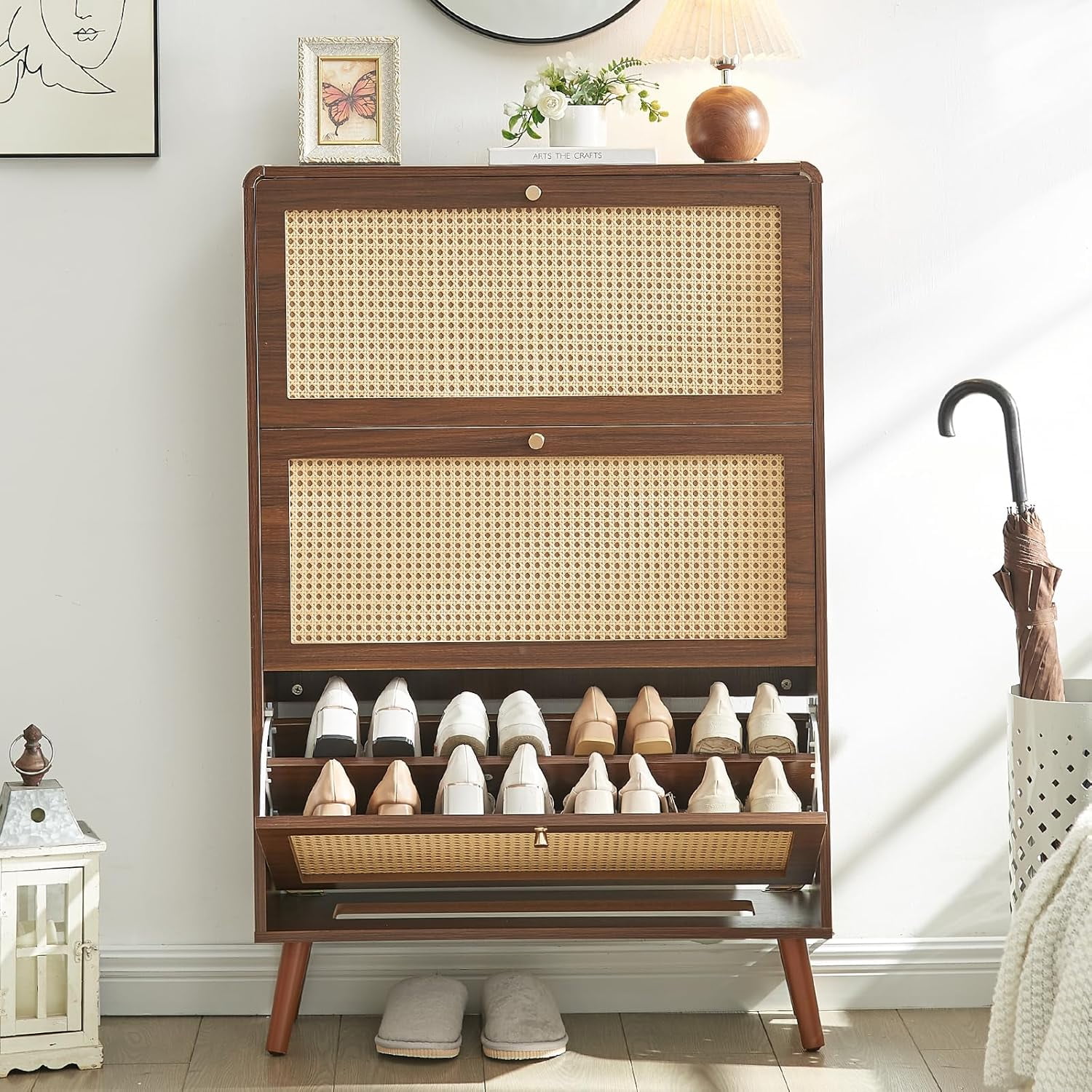 Rattan Shoe Cabinet with 3 Flip Drawers, 24 Pairs Shoe Storage Cabinet ...
