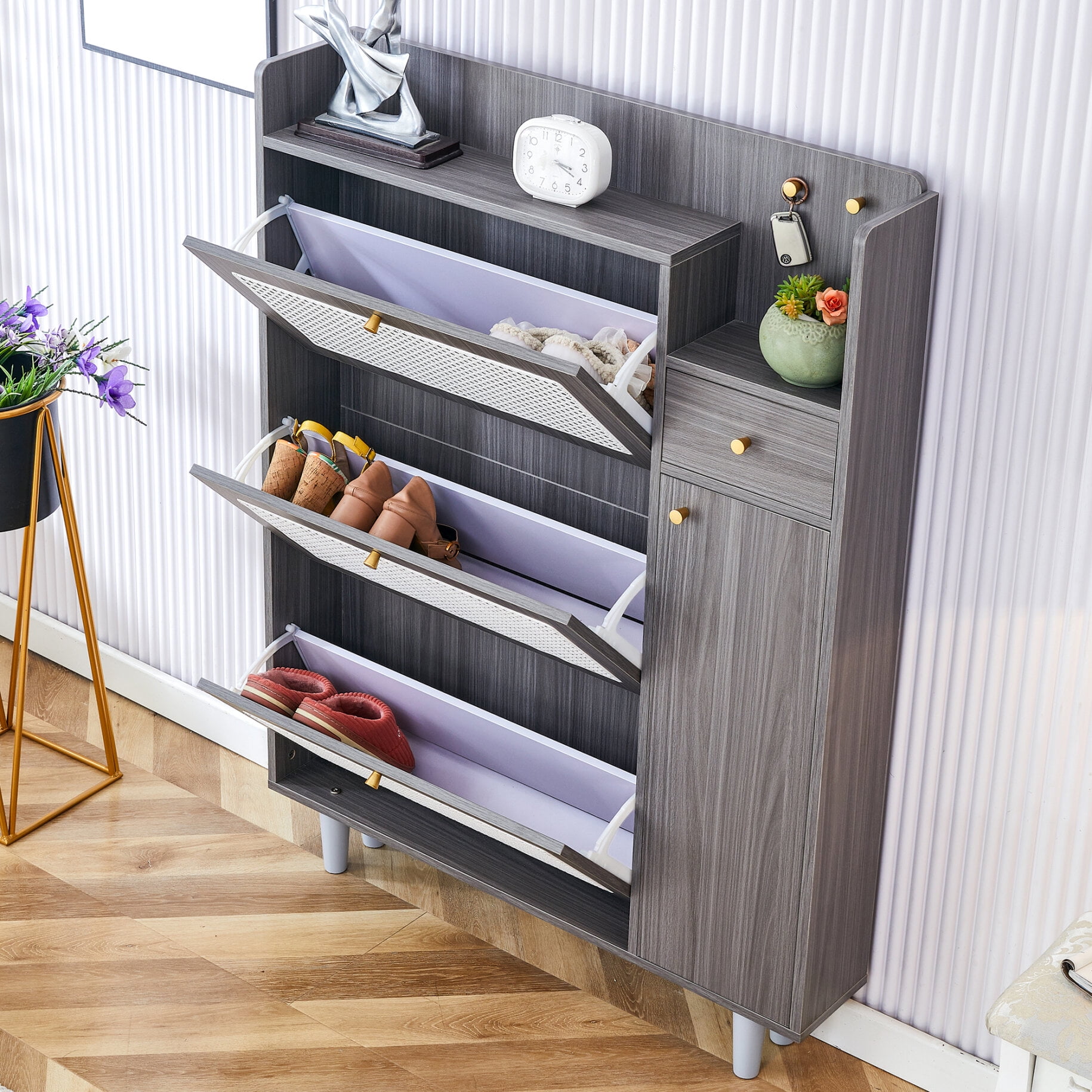 Rattan Shoe Cabinet with 3 Flip-Flop Drawers, Modern Large Capacity ...