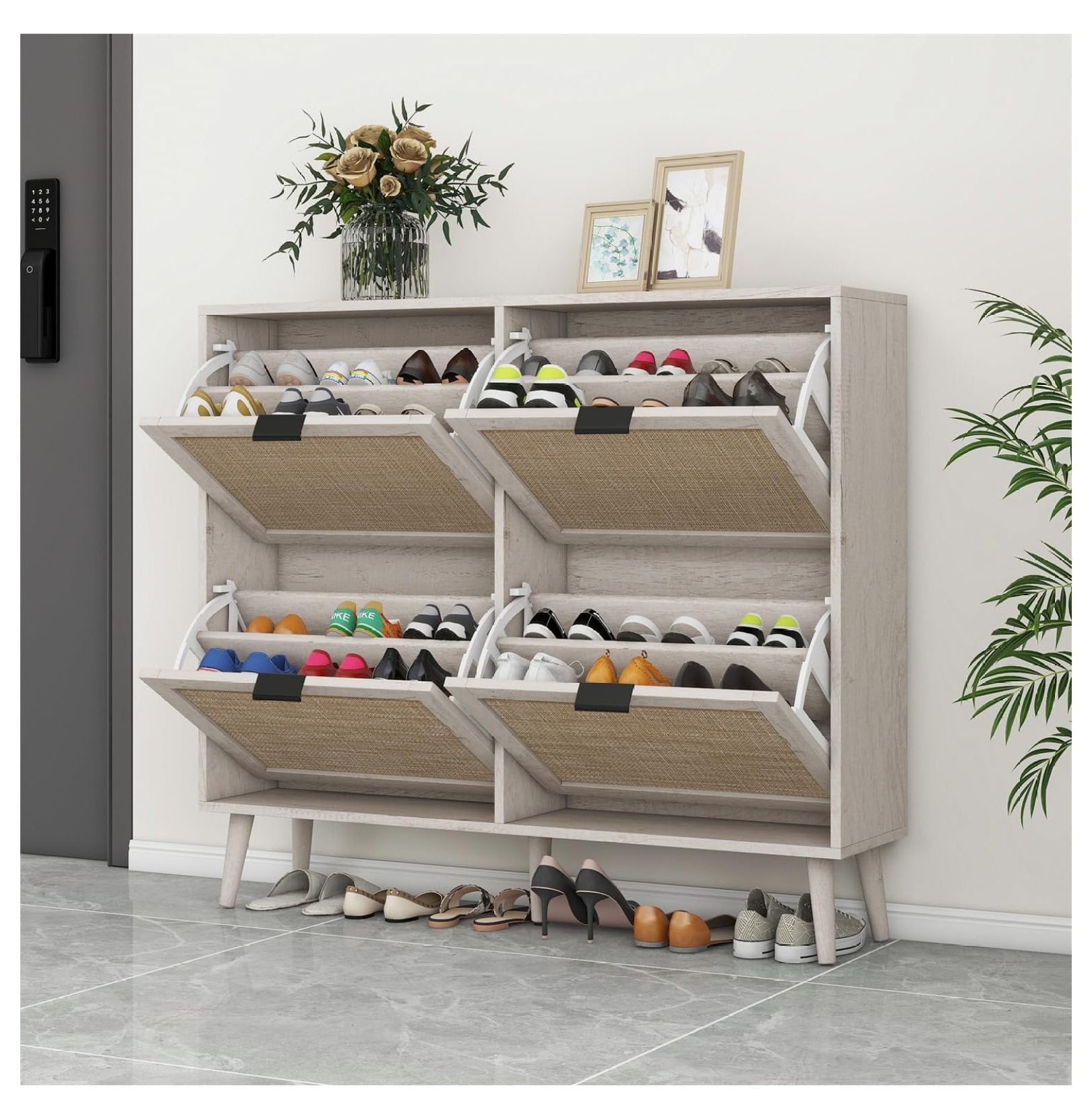 Rattan Shoe Cabinet with 4 Drawers, Narrow Hidden Shoe Rack with Pine ...