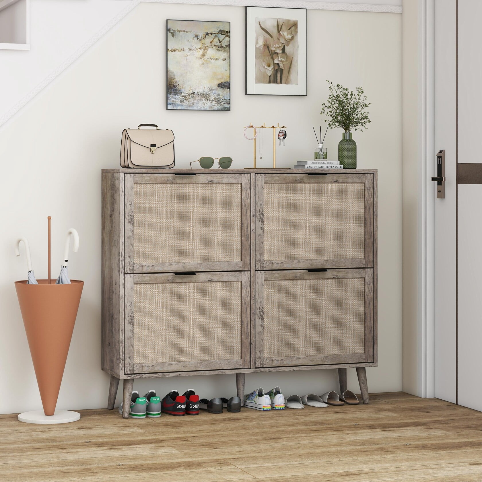 Rattan Shoe Cabinet with 4 Flip Drawers, Narrow Shoe Rack Cane Storage ...
