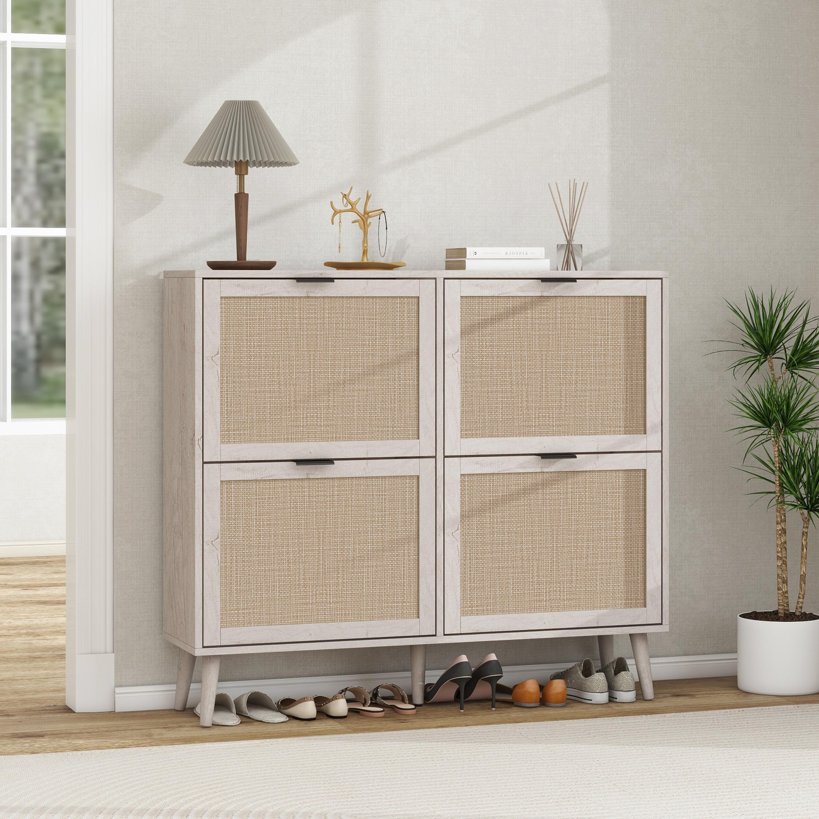 Rattan Shoe Cabinet with 4 Flip Drawers, Narrow Shoe Rack Cane Storage ...