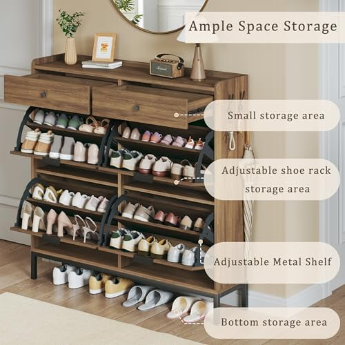 Rattan Shoe Cabinet with 4 Flip Drawers, Shoe Storage Cabinet with ...