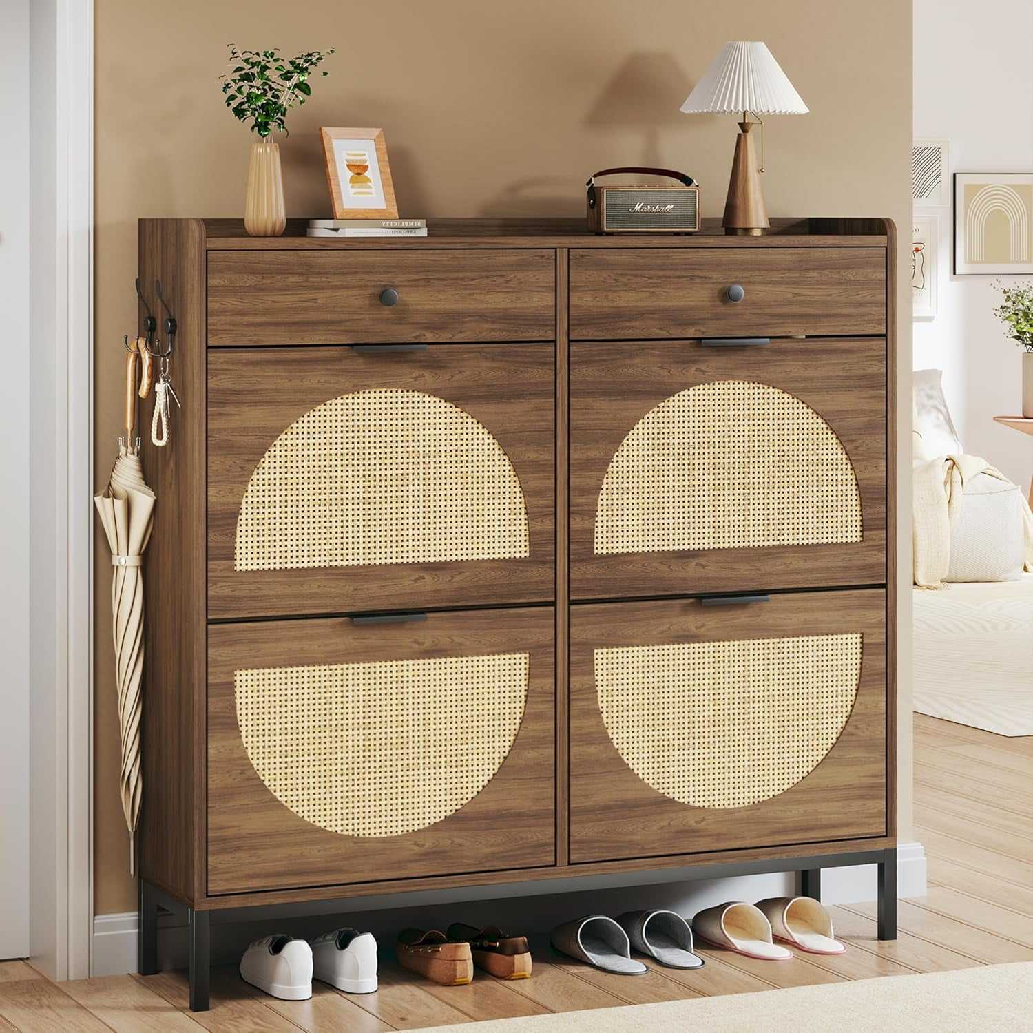 Rattan Shoe Cabinet with 4 Flip Drawers, Shoe Storage Cabinet with ...
