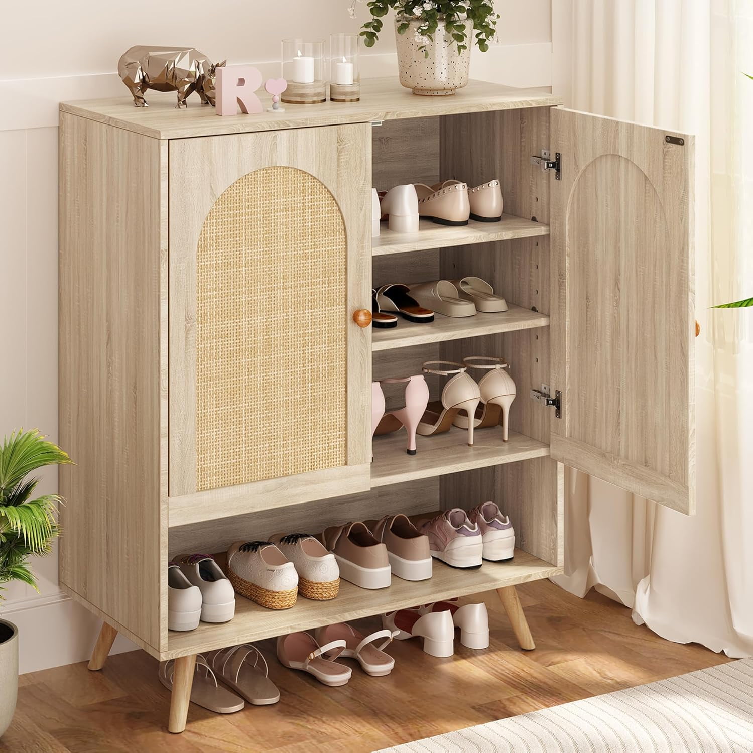 Rattan Shoe Cabinet, 4-Tier Storage Organizer with Woven Rattan Doors ...