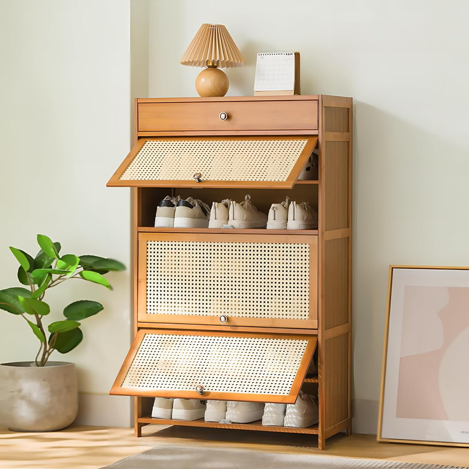 Rattan Shoe Cabinet, 6 Tier Boho Bamboo Shoe Storage Cabinet with Doors ...