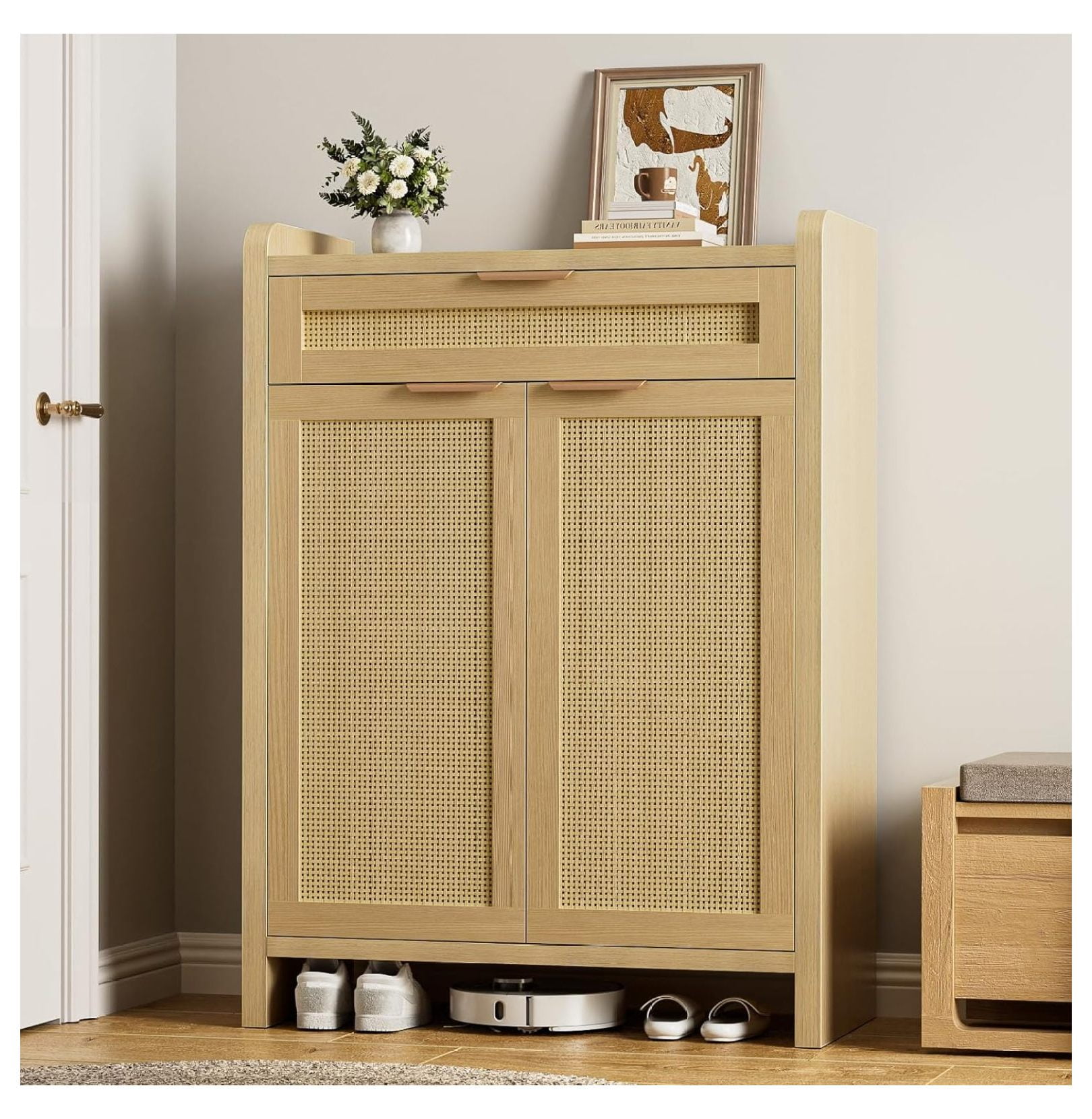 Rattan Shoe Cabinet with Doors, 45.8" Shoe Organizer Storage ...