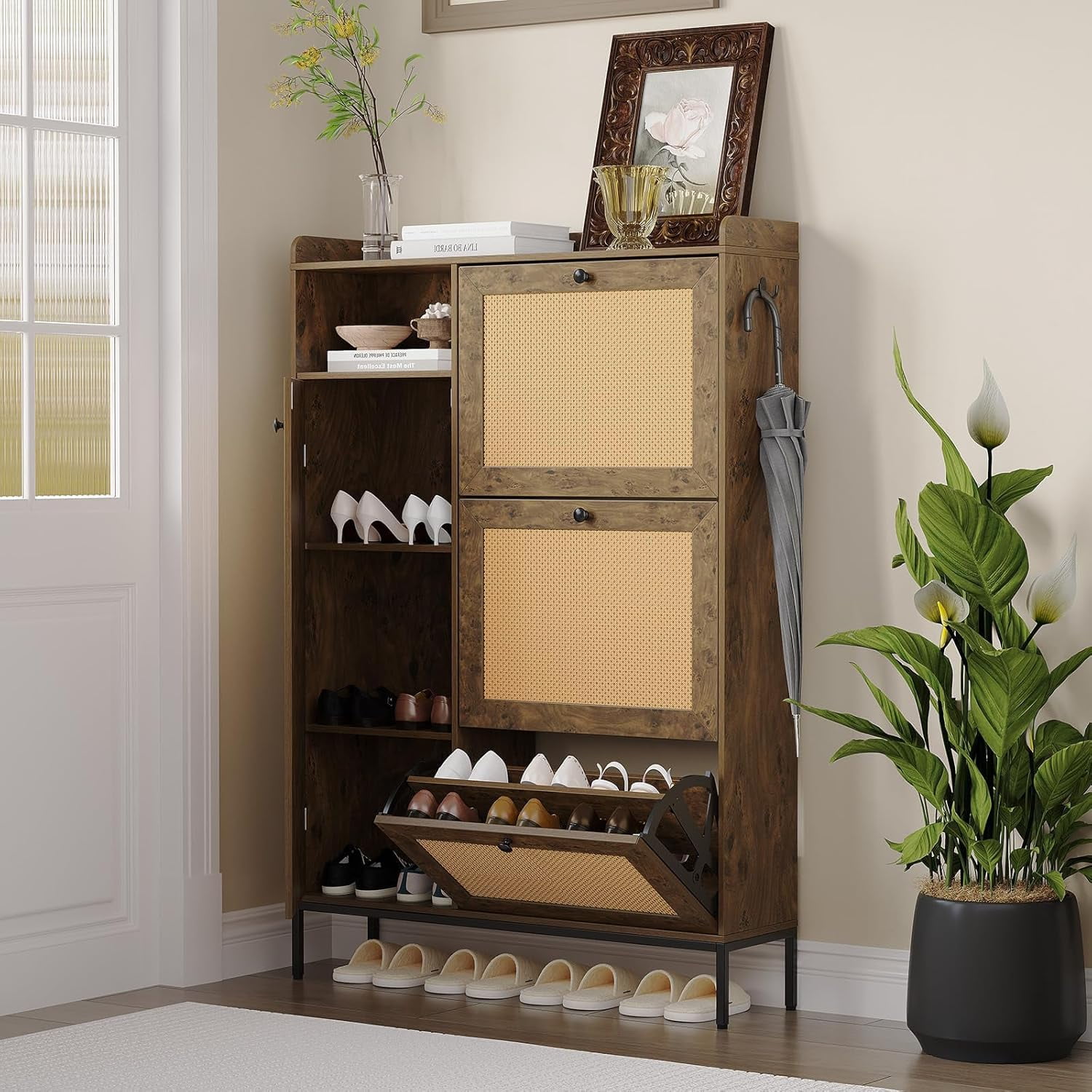 Rattan Shoe Cabinet with Flip Drawers, 3 Tier Narrow Free-Standing ...