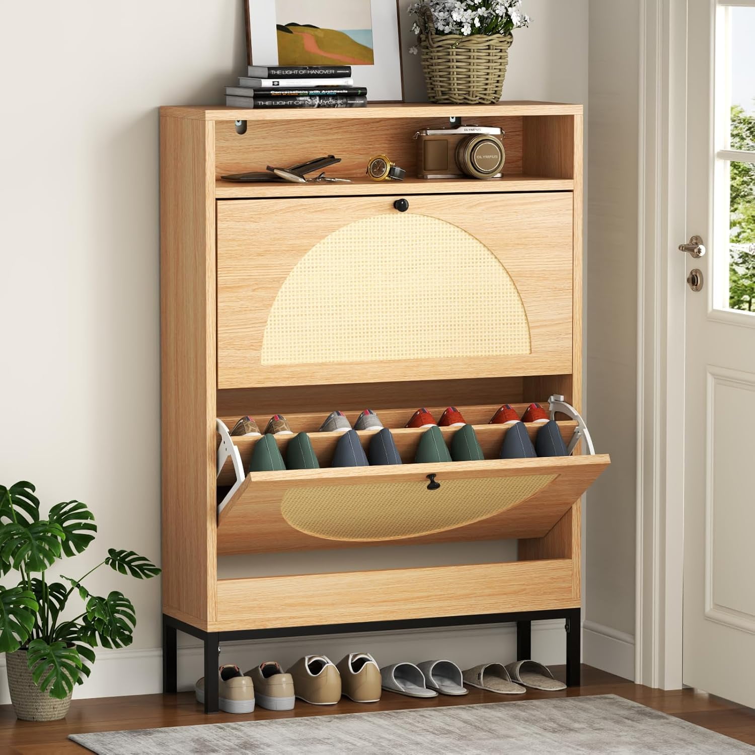 Rattan Shoe Cabinet, Free Standing Tipping Bucket Shoe Rack Organizer ...