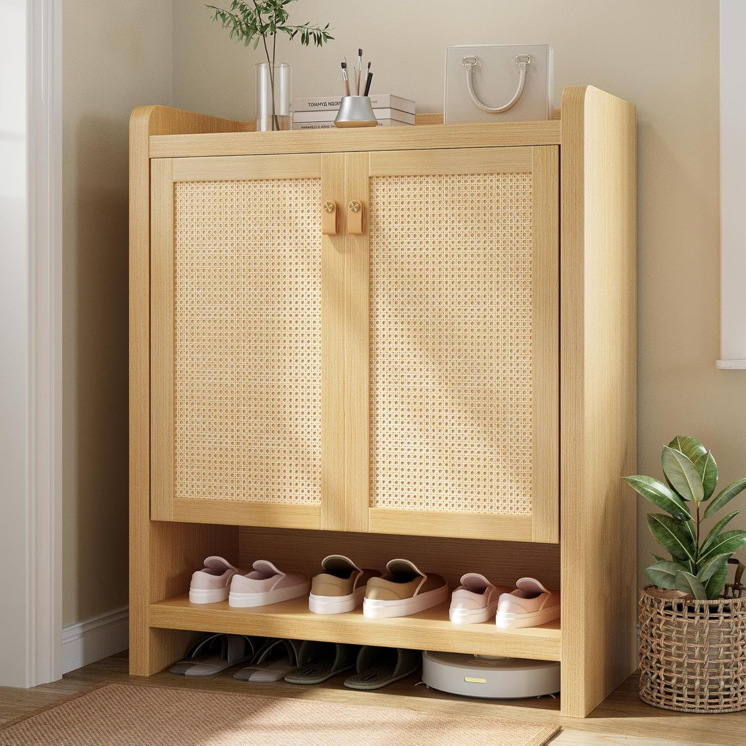 Rattan Shoe Cabinet with Safety Rounded Corners & Adjustable Shelves ...