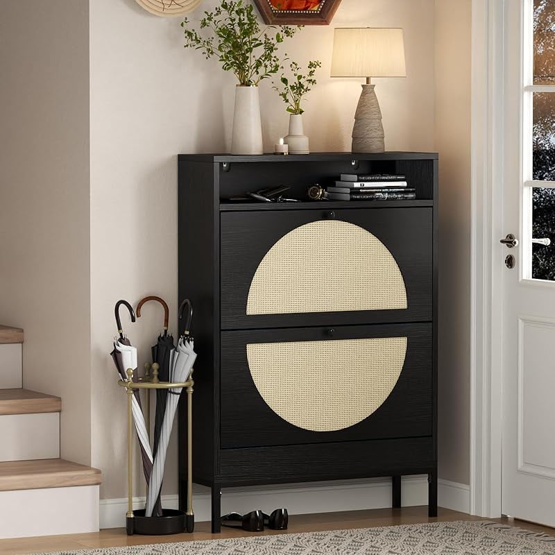 Rattan Shoe Cabinet, Shoe Storage Cabinet with Flip Drawers, Hidden ...