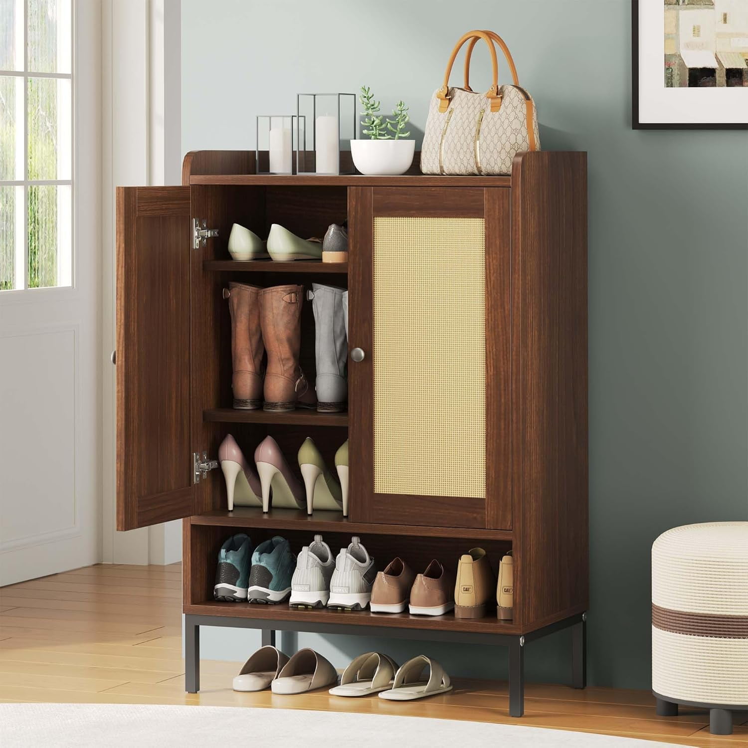 Rattan Shoe Cabinet Storage for Entryway, Shoe Cabinet with Adjustable ...