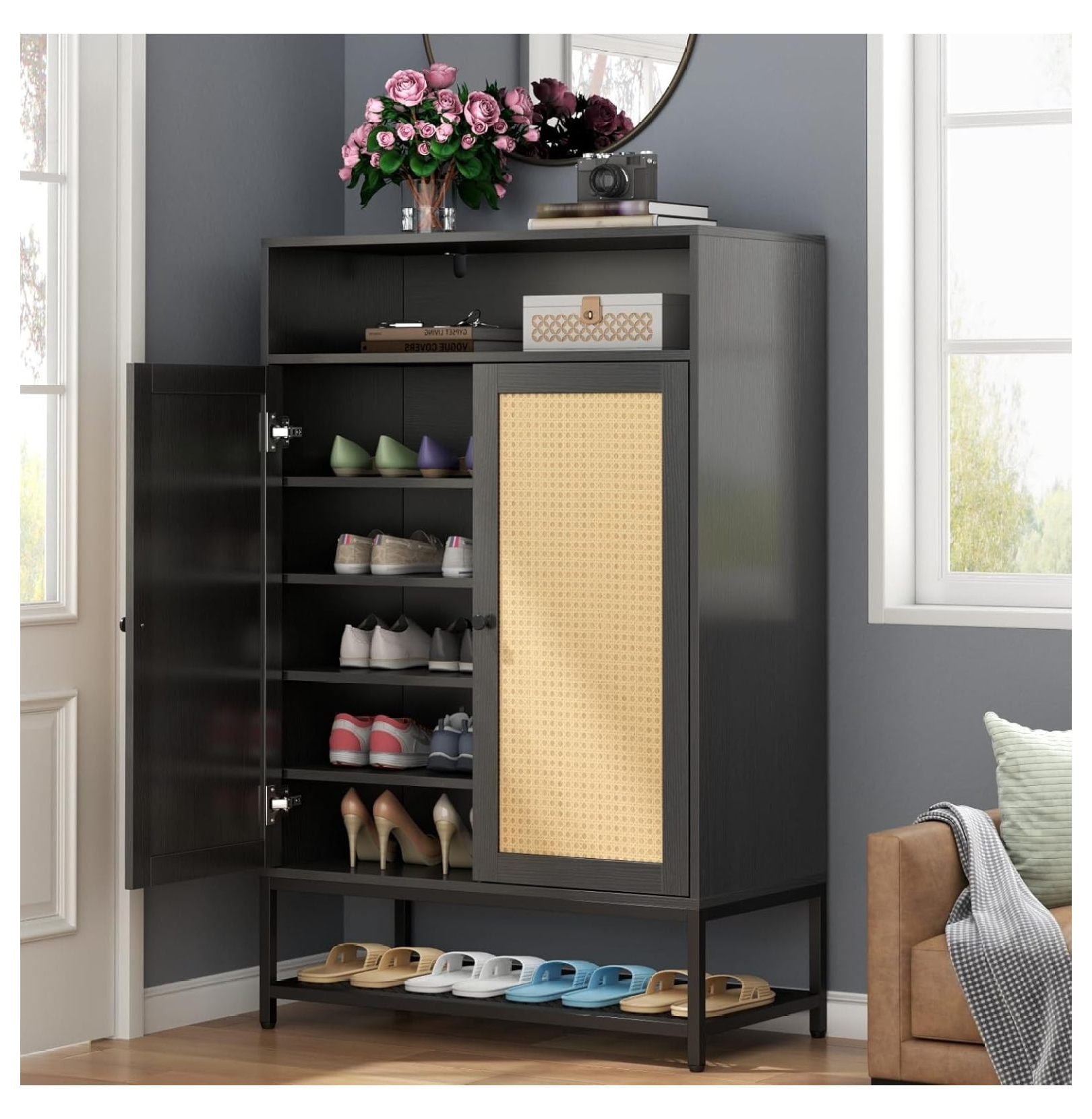 Rattan Shoe Organizer with Doors, Shoe Storage Cabinet with Adjustable ...