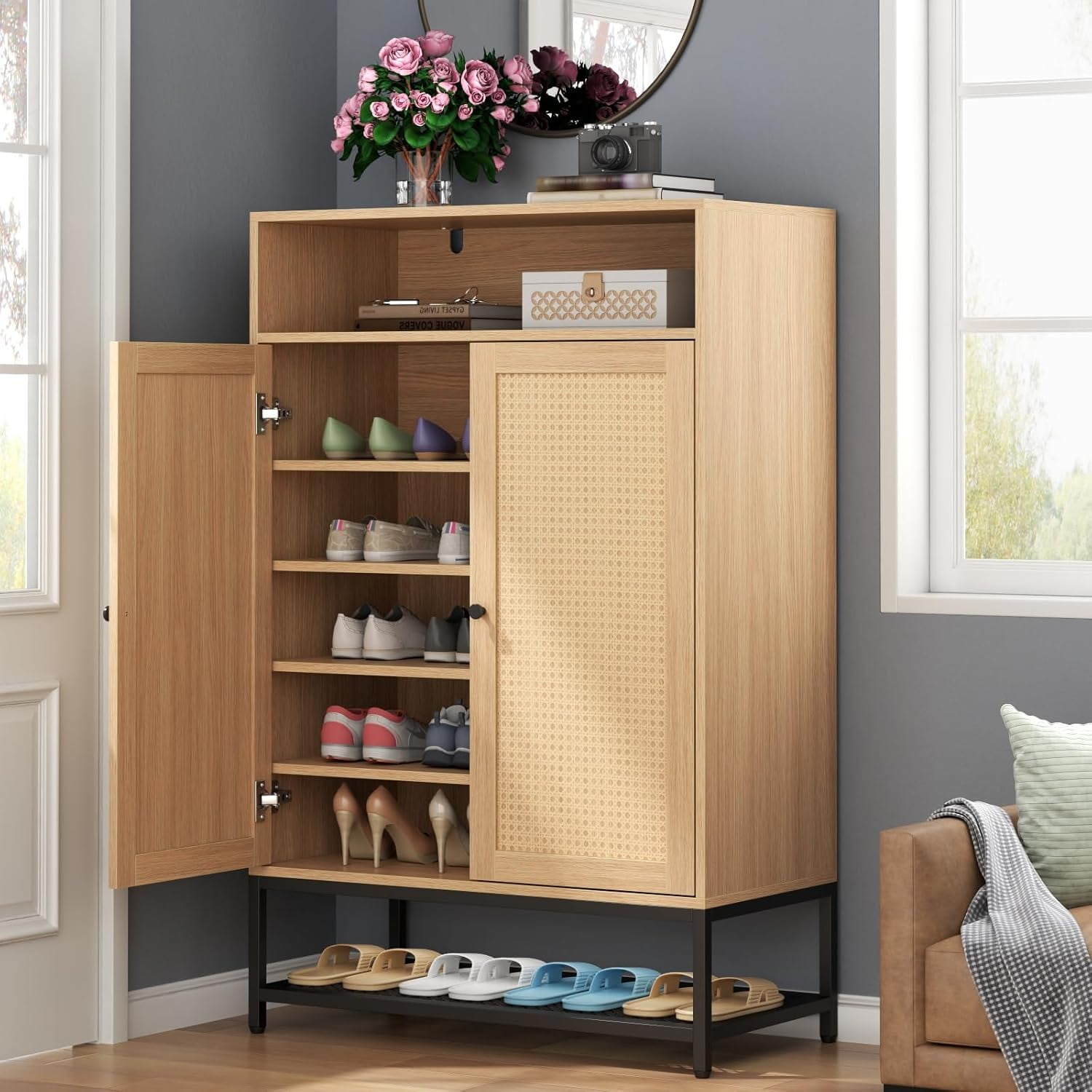 Rattan Shoe Organizer with Doors, Shoe Storage Cabinet with Adjustable ...