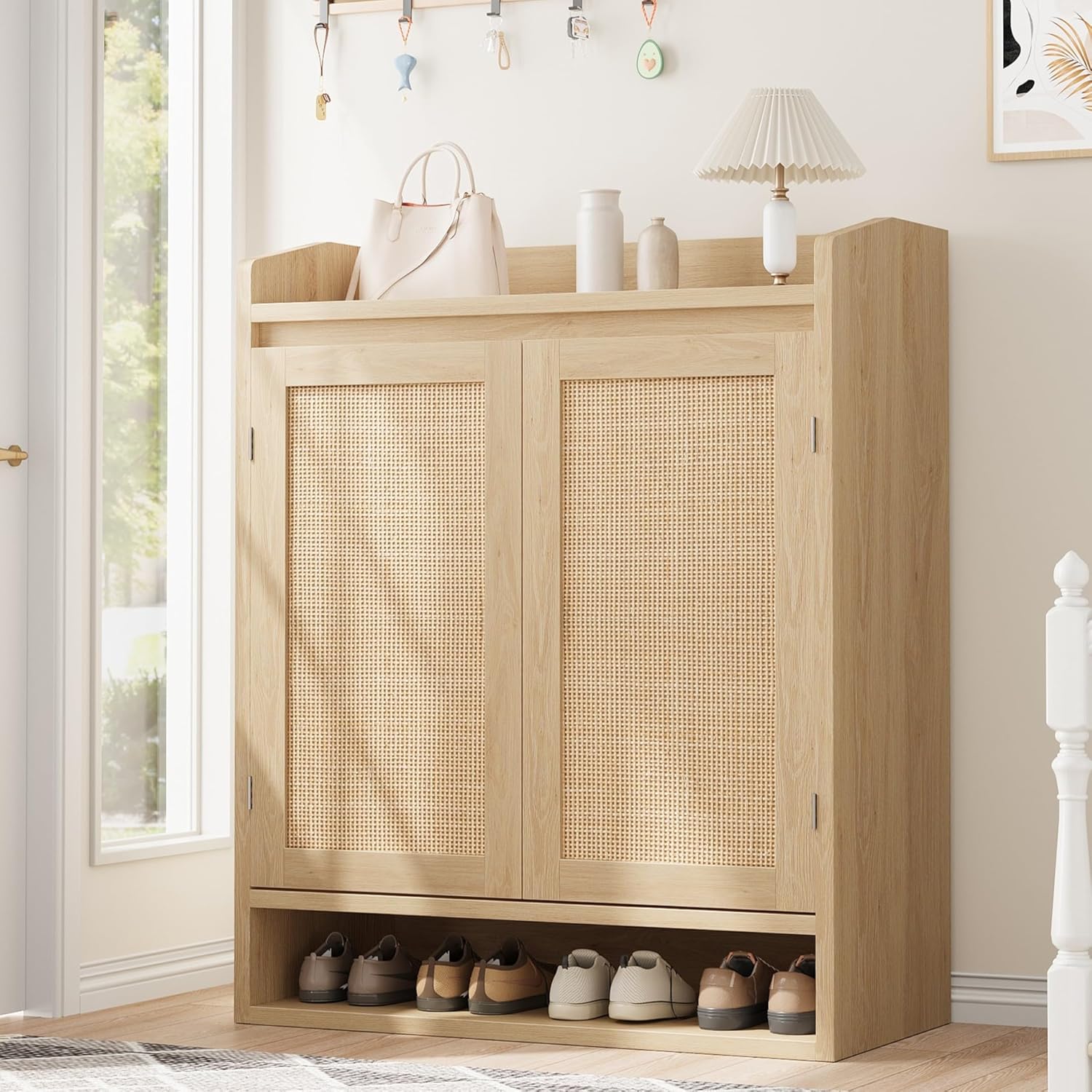 Rattan Shoe Organizer for Entryway, Boho Wooden Shoe Storage Cabinet ...