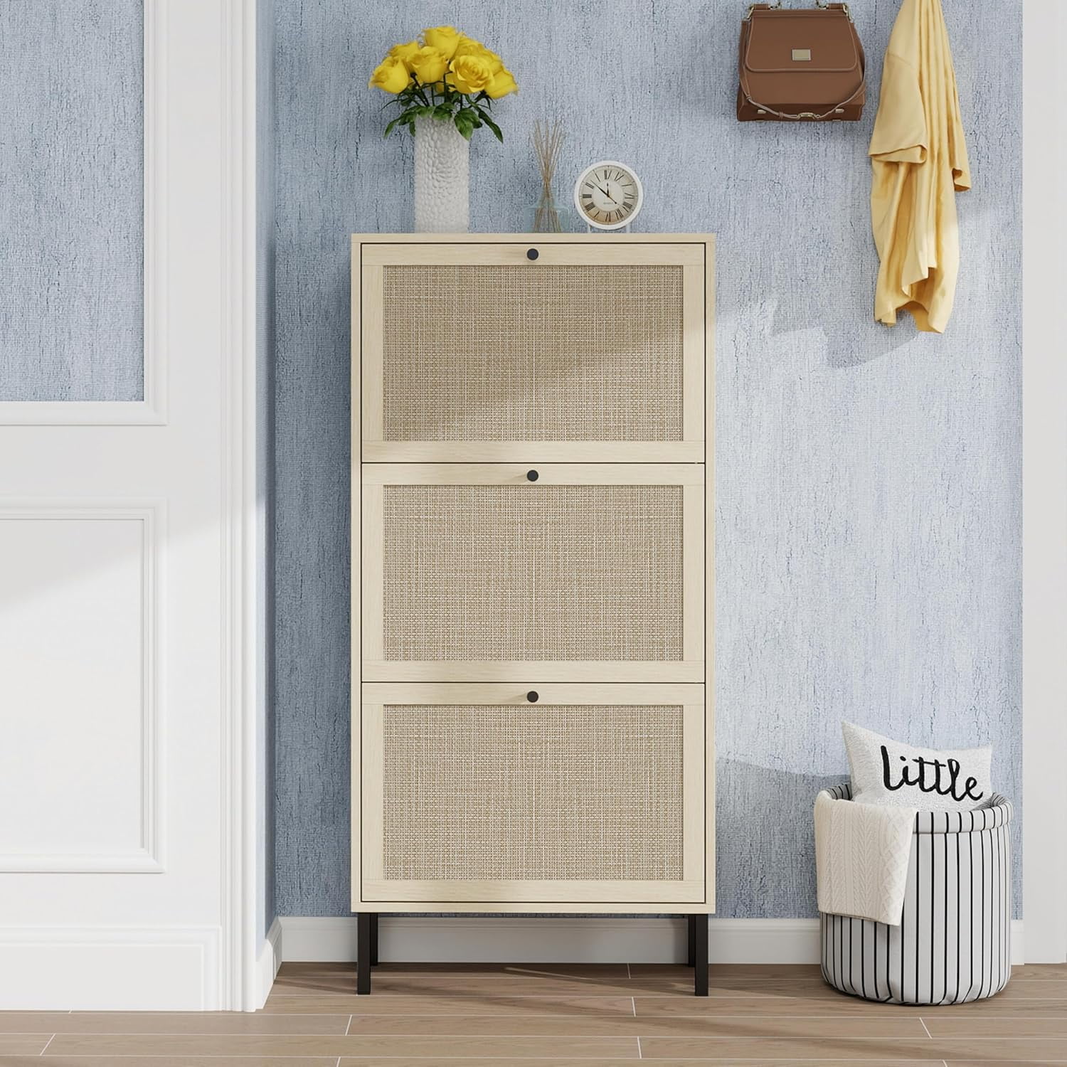 Rattan Shoe Rack - 3-Door Freestanding Cabinet | Modern Entryway Shoe ...