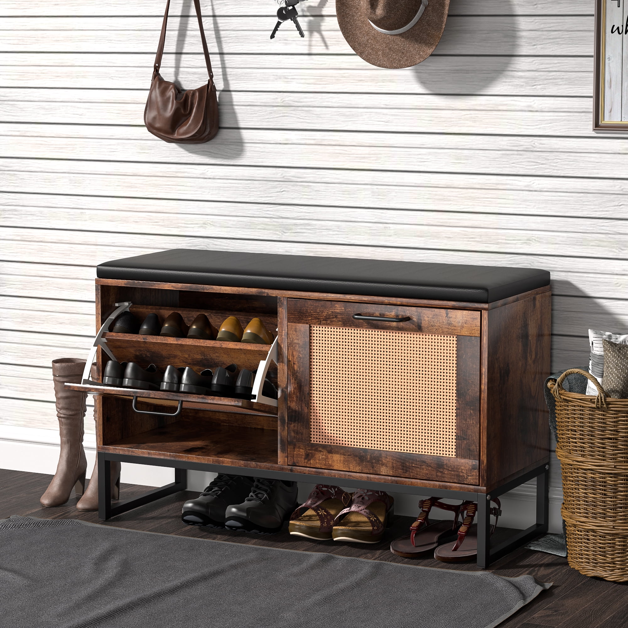 Rattan Shoe Storage Bench with 2 Flip Drawers and Soft Faux Leather ...