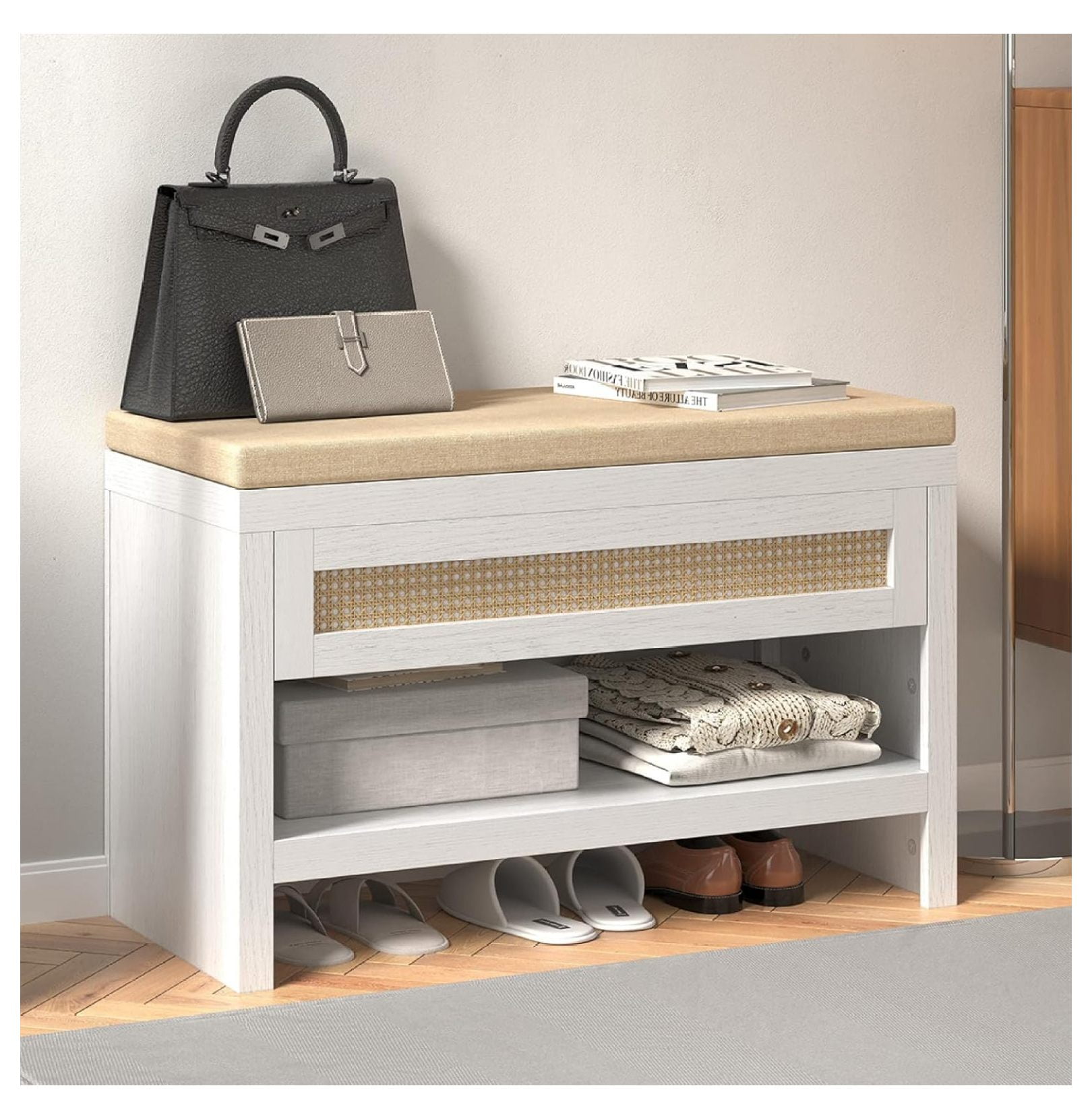 Rattan Shoe Storage Bench with Cushion, Entryway Shoe Rack with Drawers ...