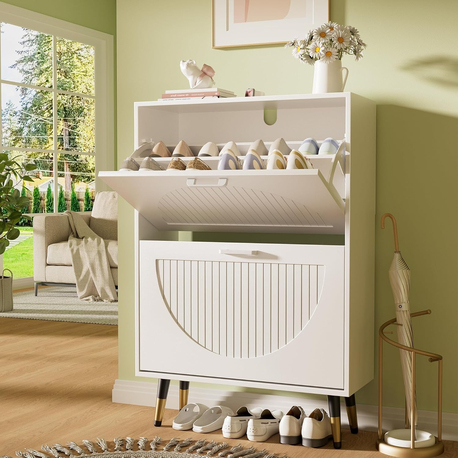 Rattan Shoe Storage Cabinet with 2 or 3 Flip Drawers, Freestanding Shoe ...