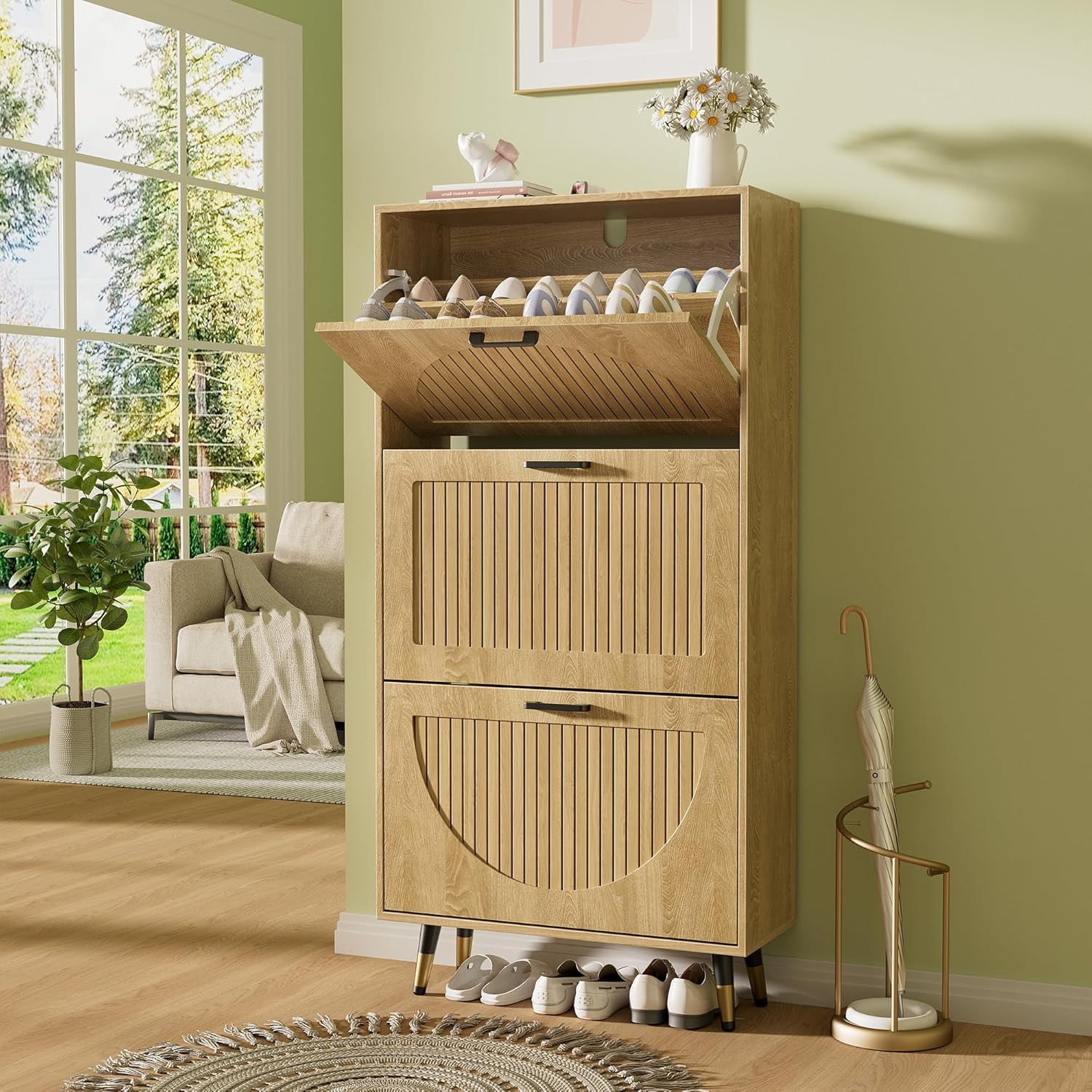 Rattan Shoe Storage Cabinet with 2 or 3 Flip Drawers, Freestanding Shoe ...